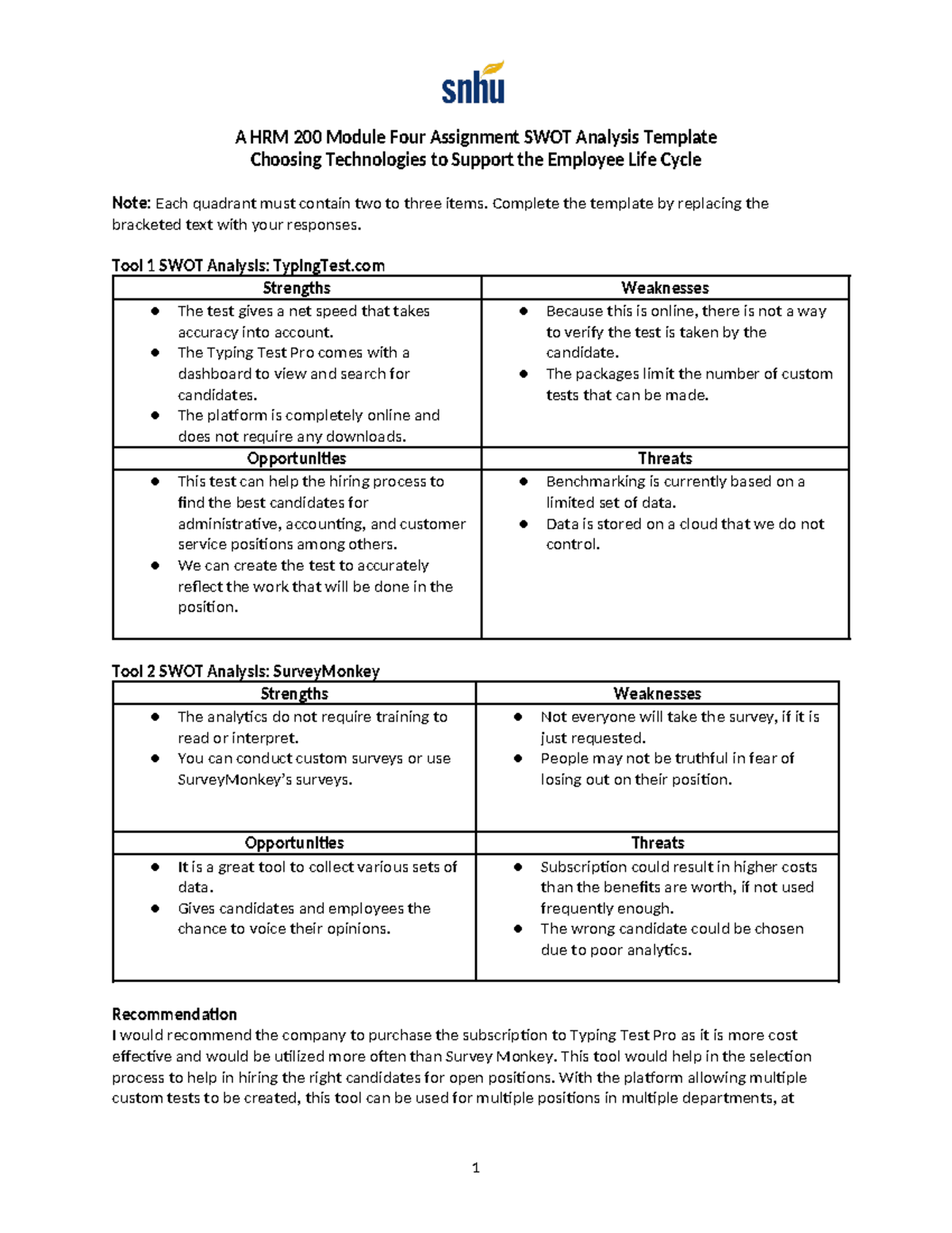 HRM 200 Module Four Assignment SWOT Analysis - Complete the template by ...