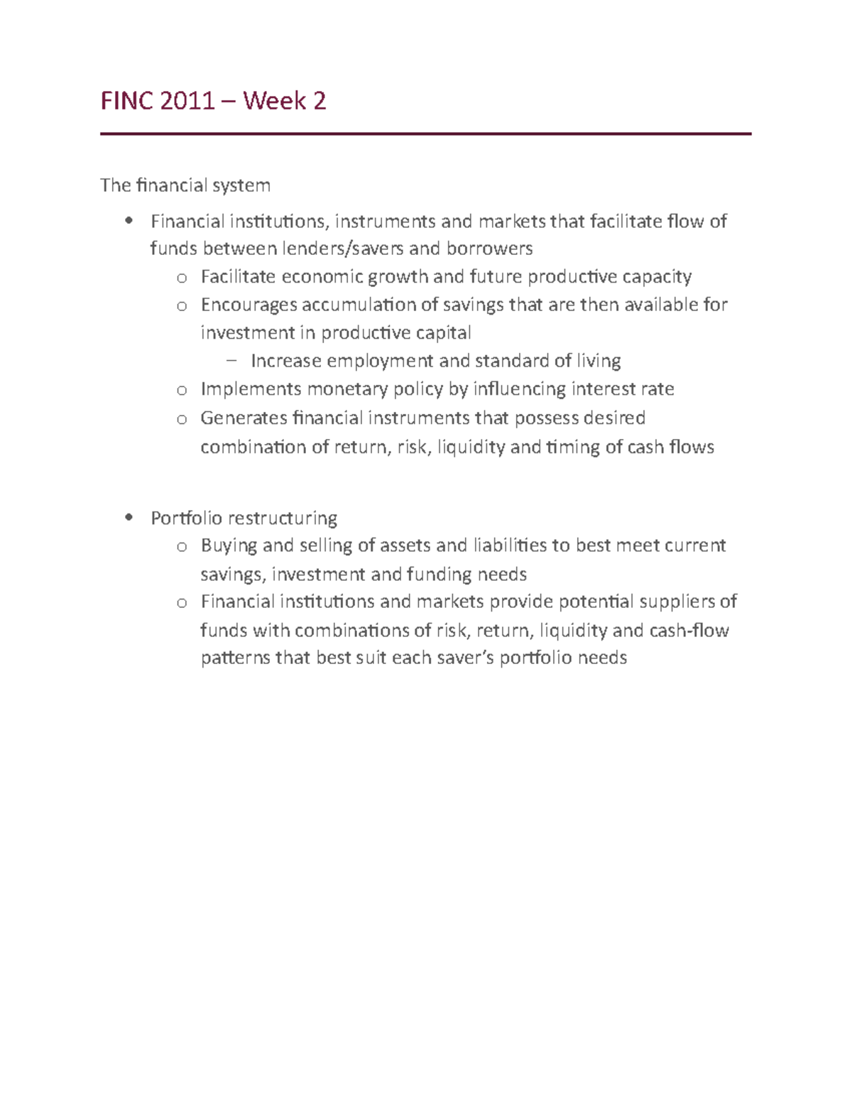 FINC 2011 – Week 2 - Lecture note 2 - FINC 2011 Week 2 The financial ...