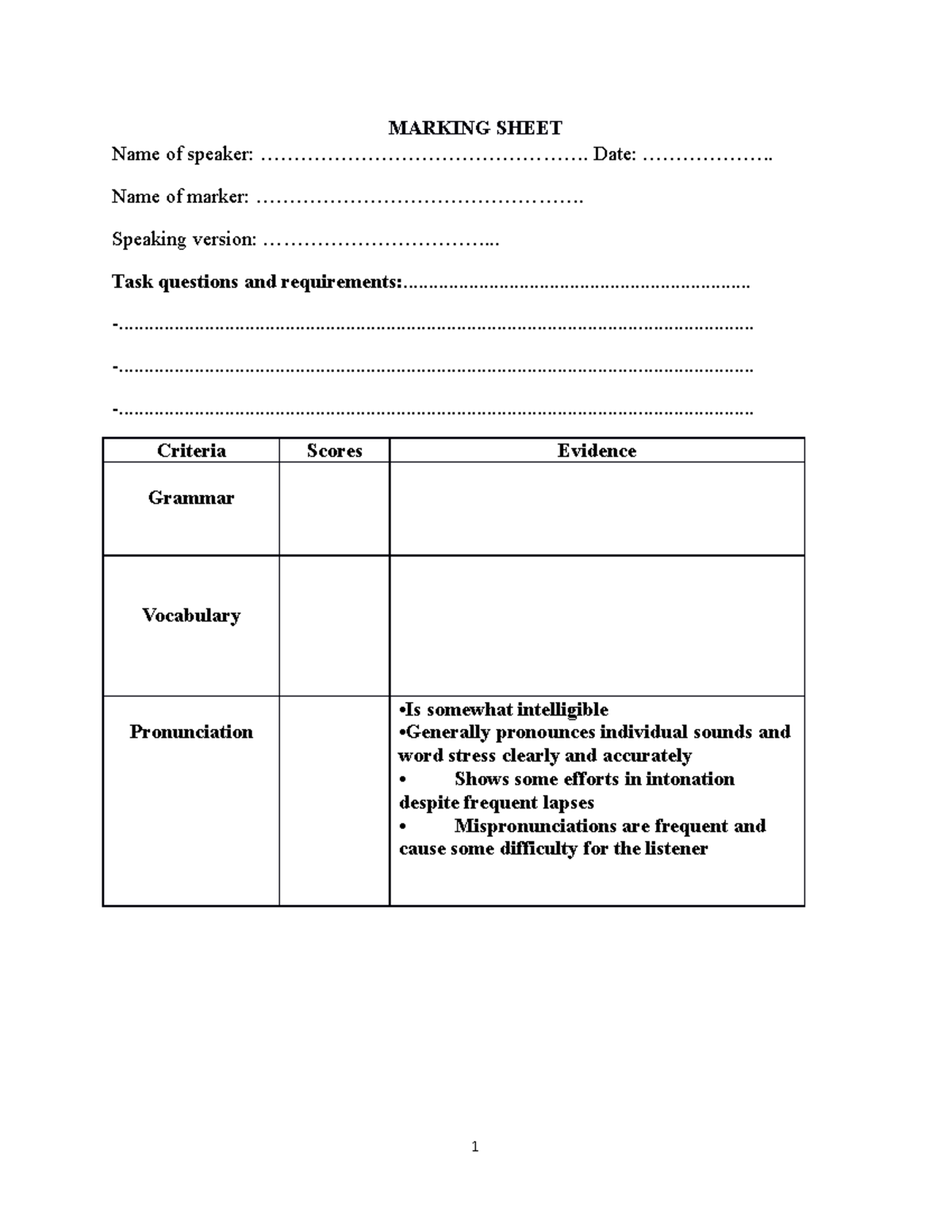 Marking Sheet 1 - how to mark your speaking - MARKING SHEET Name of ...