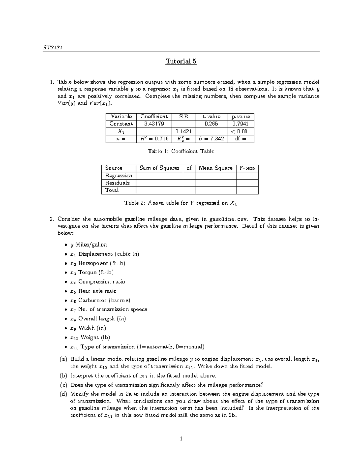 Tutorial 05 qn - ST Tutorial 5 Table below shows the regression output ...
