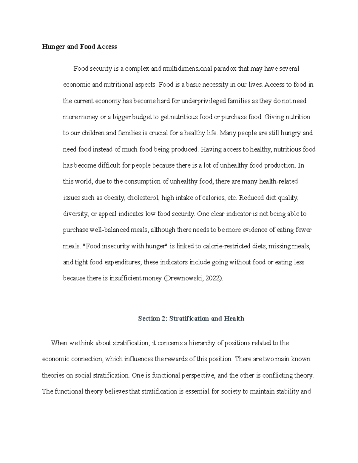 Paper on hunger - Hunger and Food Access Food security is a complex and ...