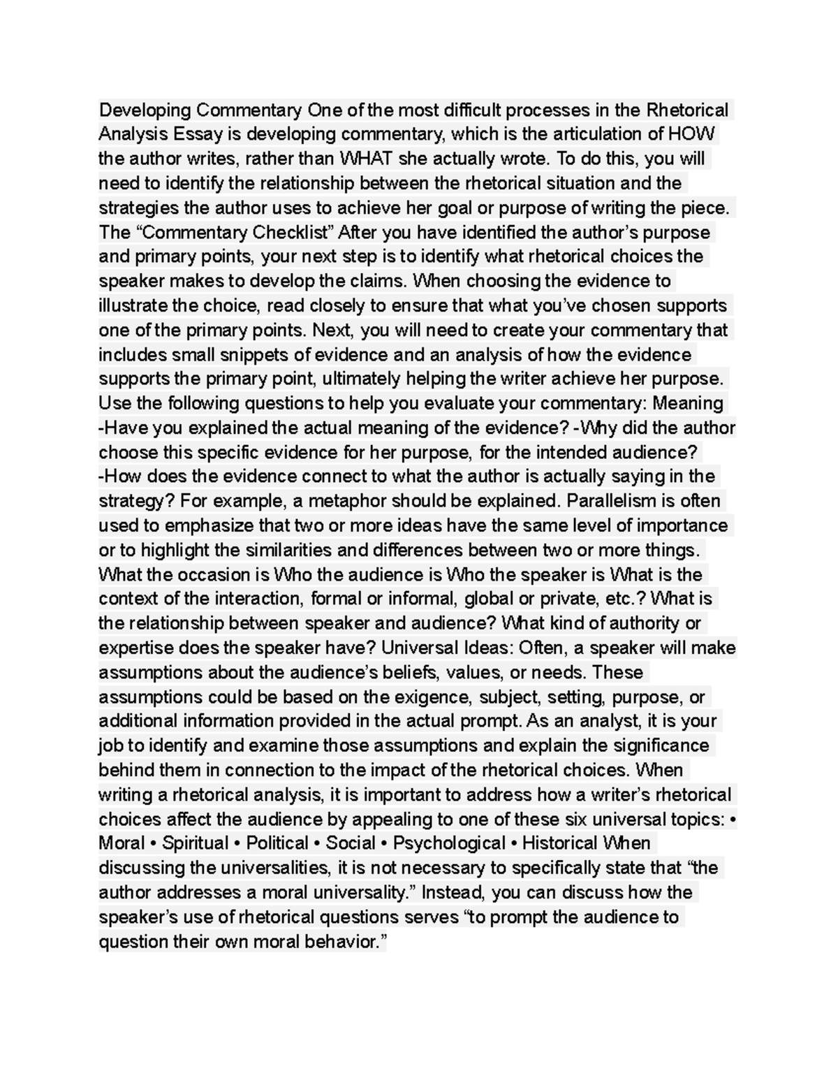 Developing commentary - To do this, you will need to identify the ...