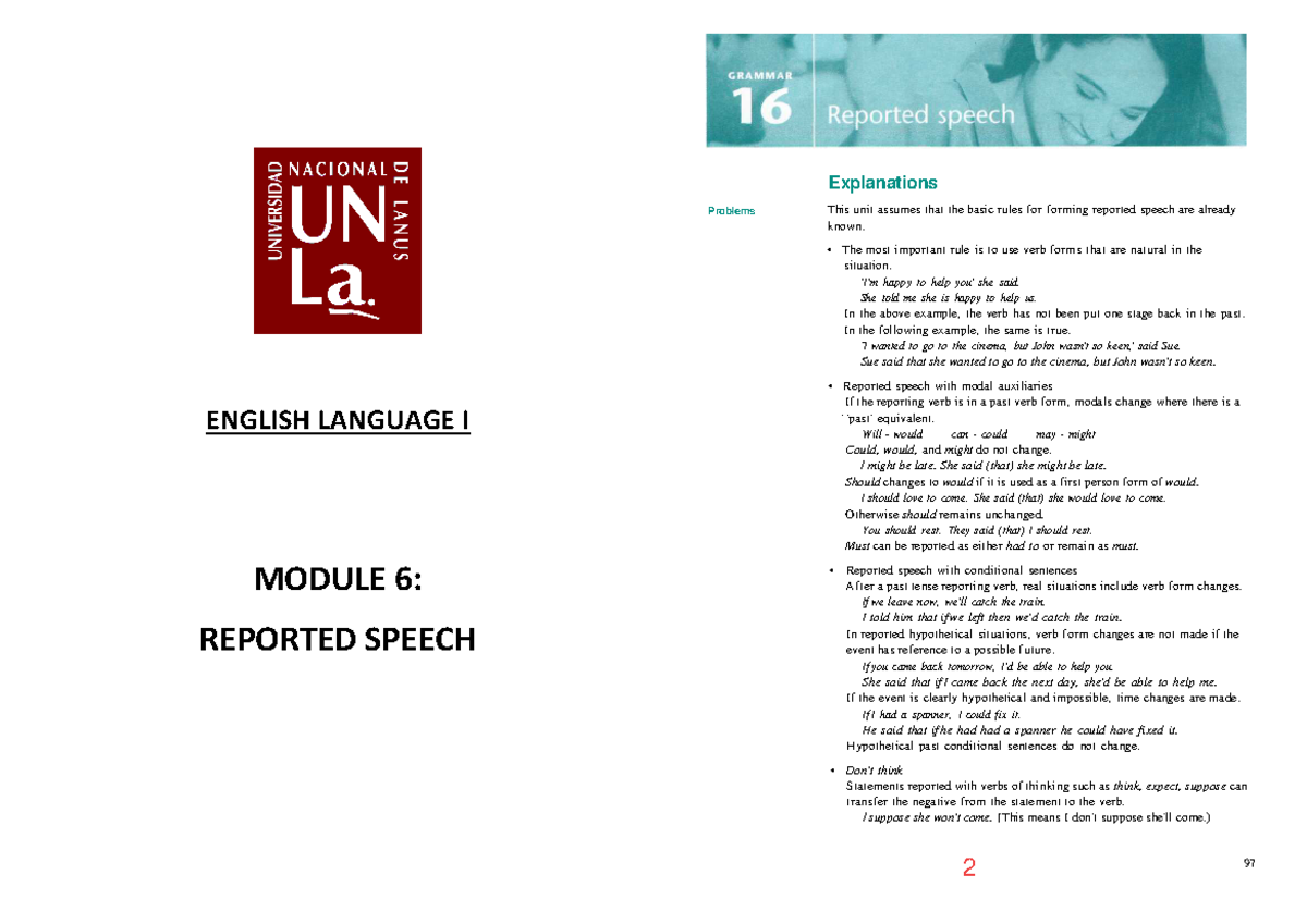 Module 6 - Reported Speech - COMPLETO COMPLETITO - ENGLISH LANGUAGE I MODULE 6: REPORTED SPEECH ...