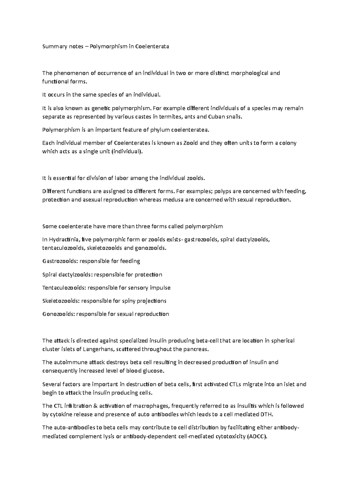 Summary notes – Polymorphism in Coelenterata - Summary notes ...