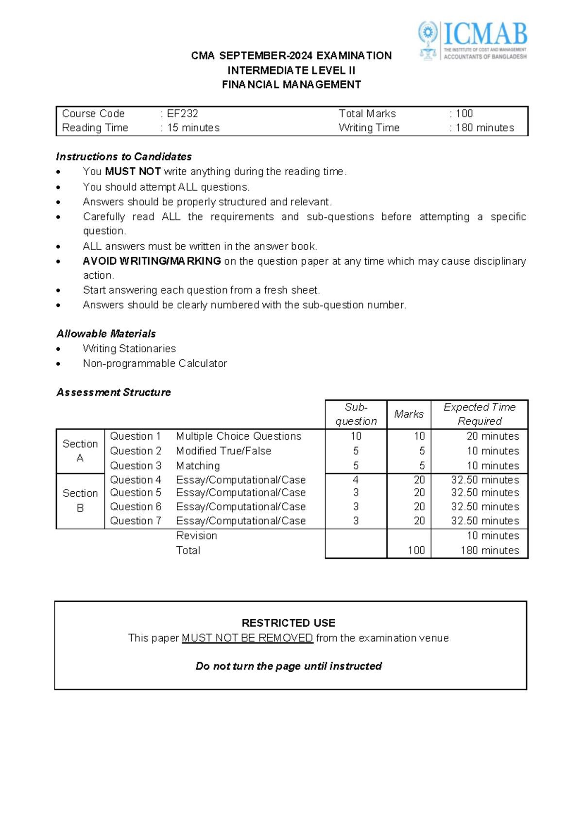 EF232.FIM(IL-II) Question CMA September-2024 Exam - CMA SEPTEMBER-2024 ...
