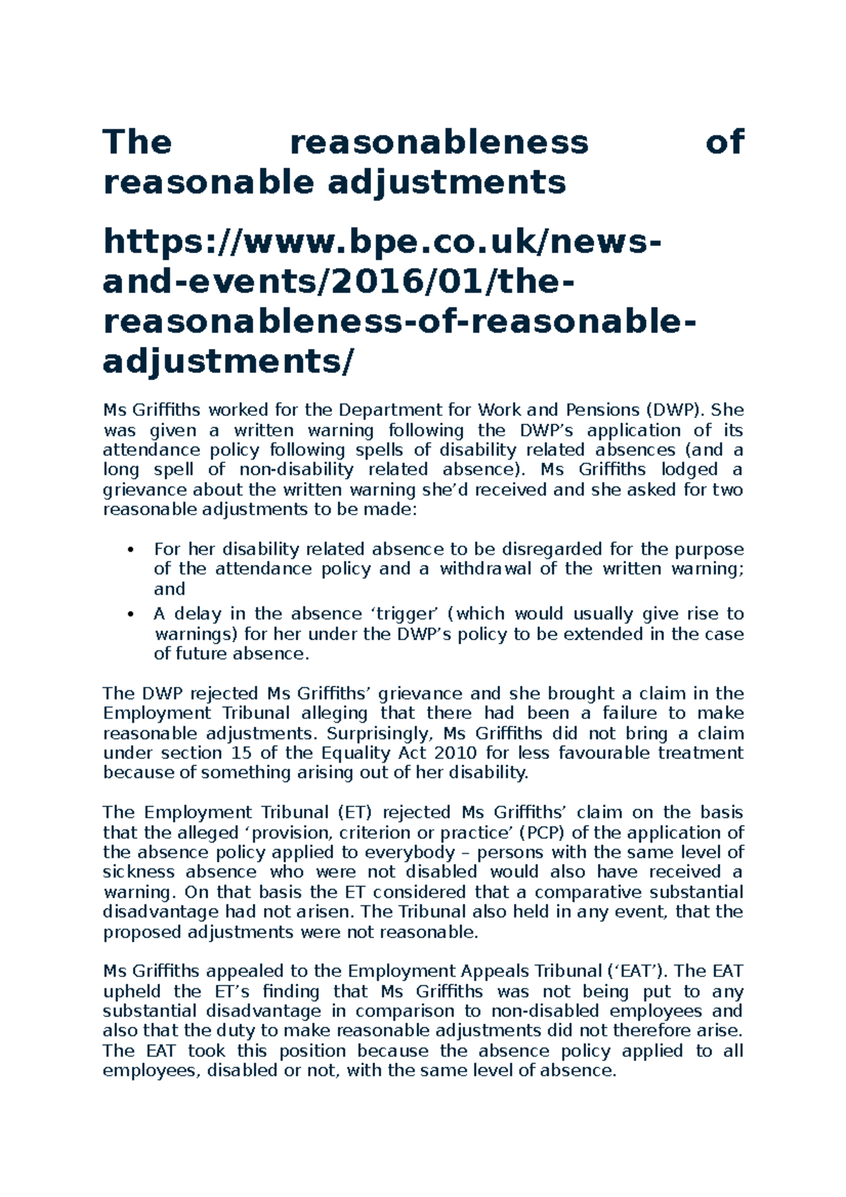 W1 The reasonableness of reasonable adjustments - The reasonableness ...
