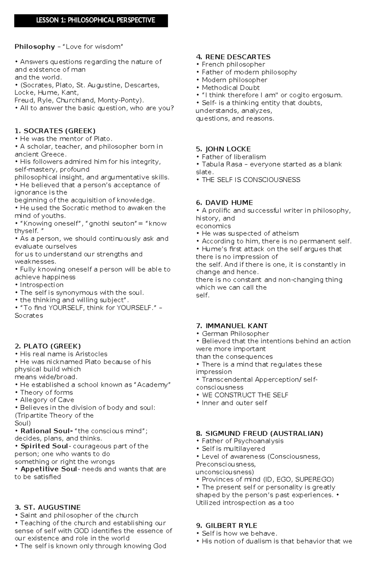 Philosophy - • (Socrates, Plato, St. Augustine, Descartes, Locke, Hume ...