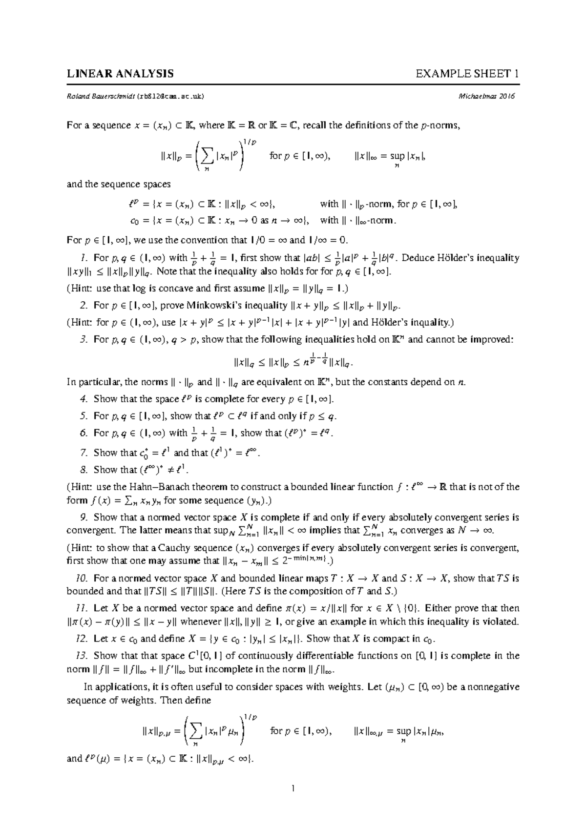 Linear Analysis 2016-2017 Example Sheet 1 - LINEAR ANALYSIS EXAMPLE ...