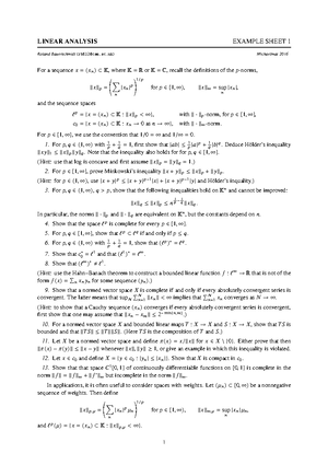 Linear Analysis 2016-2017 Example Sheet 3 - LINEAR ANALYSIS EXAMPLE SHEET 3 Roland - Studocu