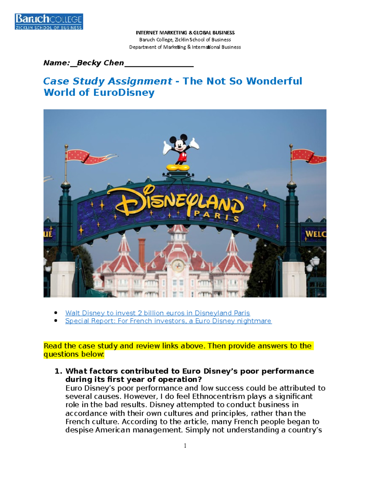 Assignment 4 - Disney - Homework - Baruch College, Zicklin School of ...