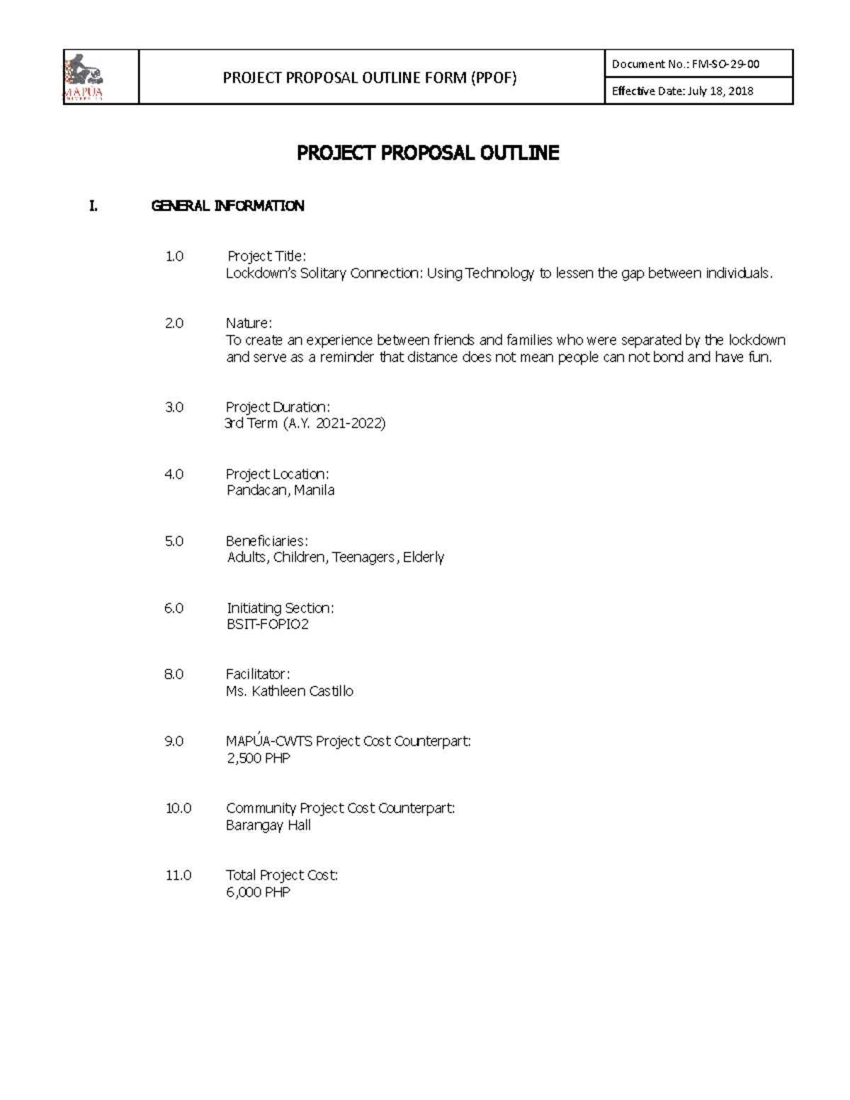 Form - Project Proposal Outline Form - PROJECT PROPOSAL OUTLINE FORM ...