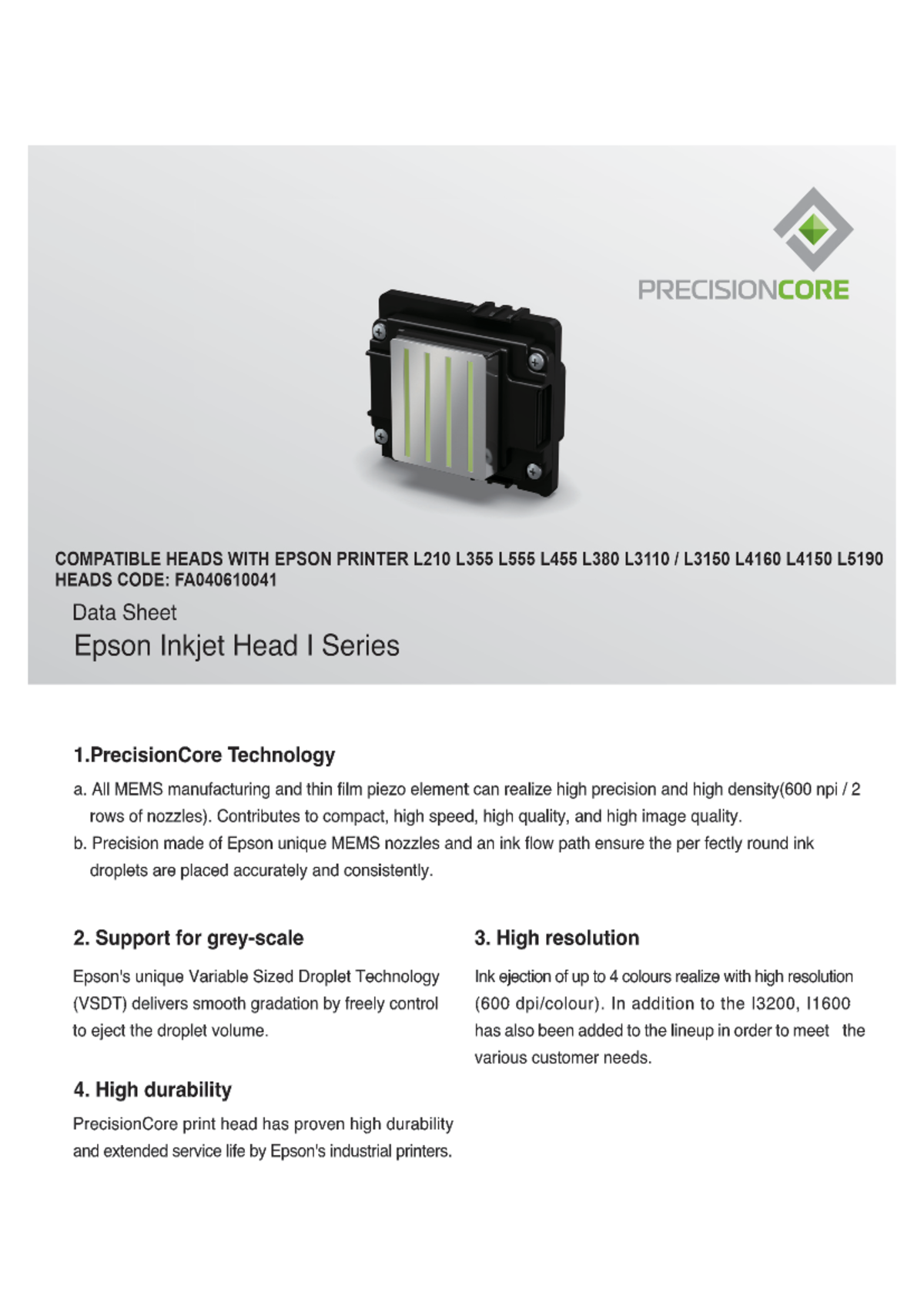 Ficha Tecnica Epson - PRECISIONCORE COMPATIBLE HEADS WITH EPSON PRINTER ...