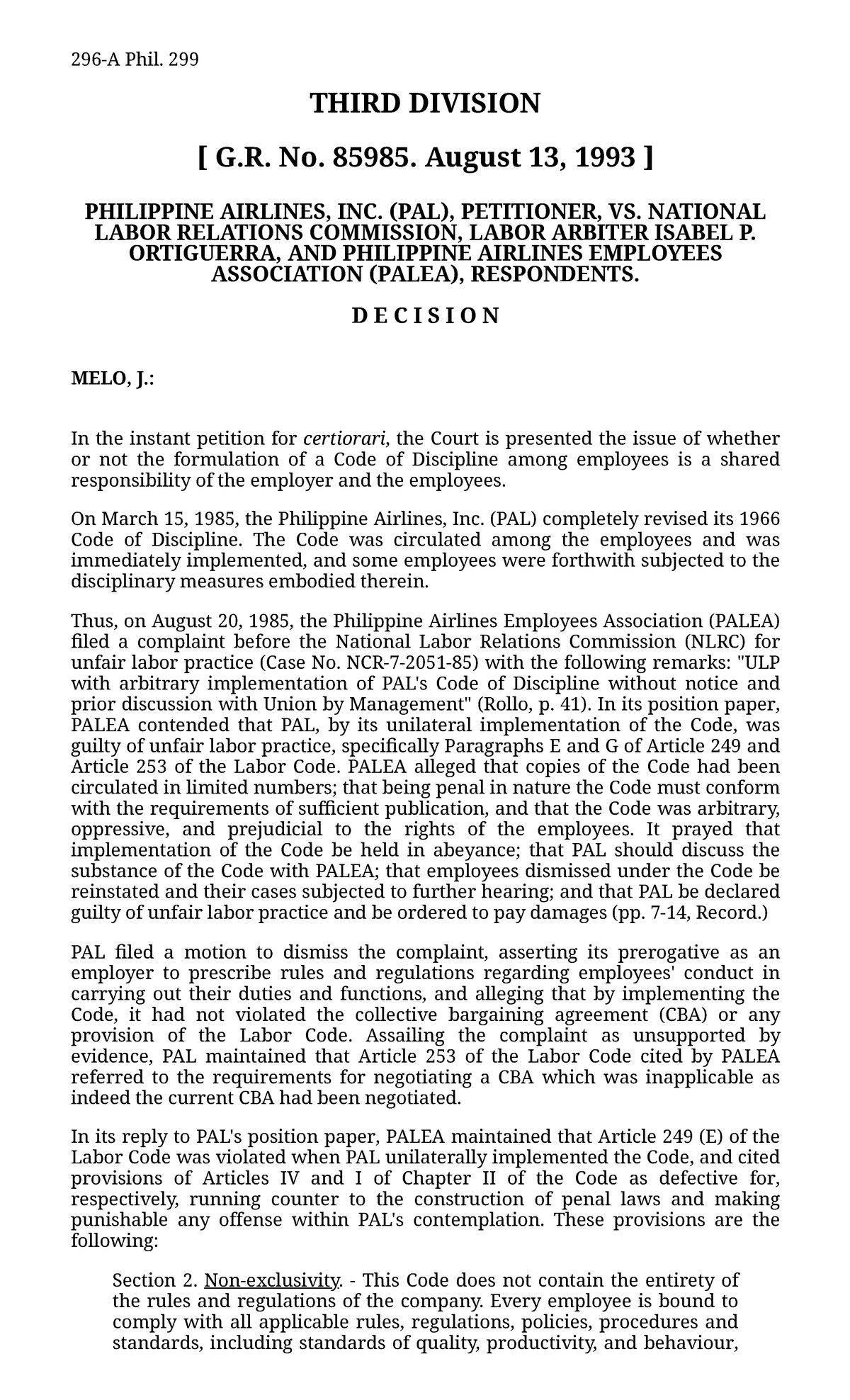PAL V. NLRC - This is about the case of pal v. nlrc - 296-A Phil. 299 ...