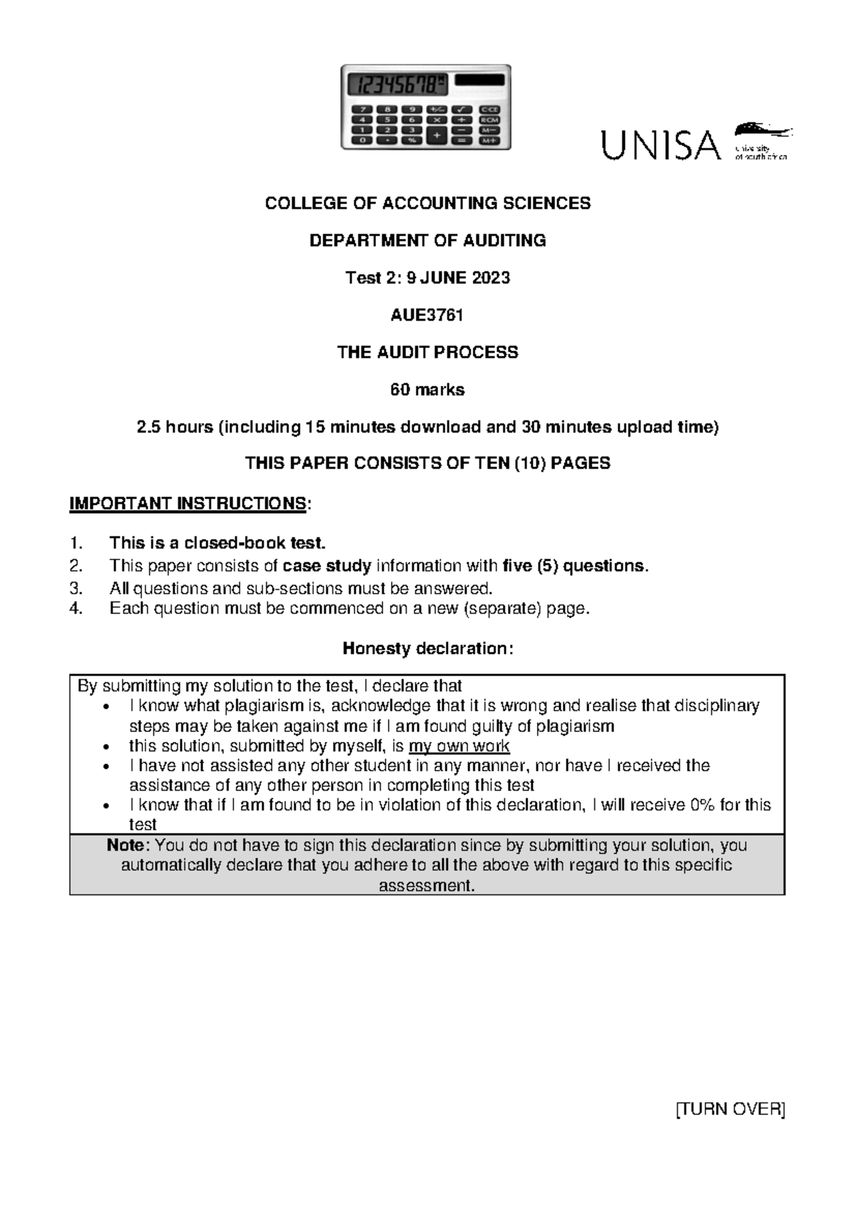 AUE3761 Test 2023 2 - past papers - COLLEGE OF ACCOUNTING SCIENCES ...