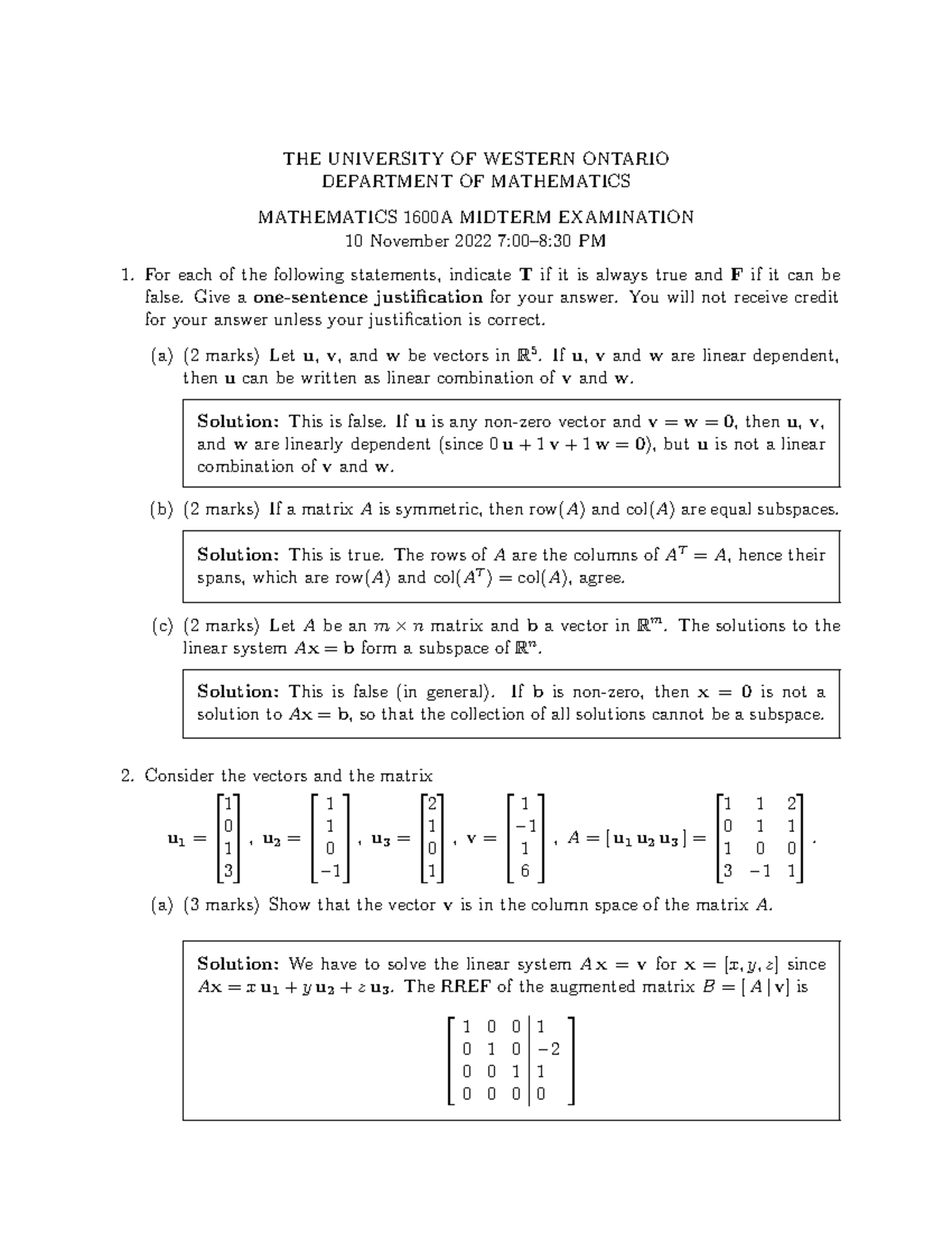 math 1600 Midterm 2 2022 solutions - THE UNIVERSITY OF WESTERN ONTARIO ...