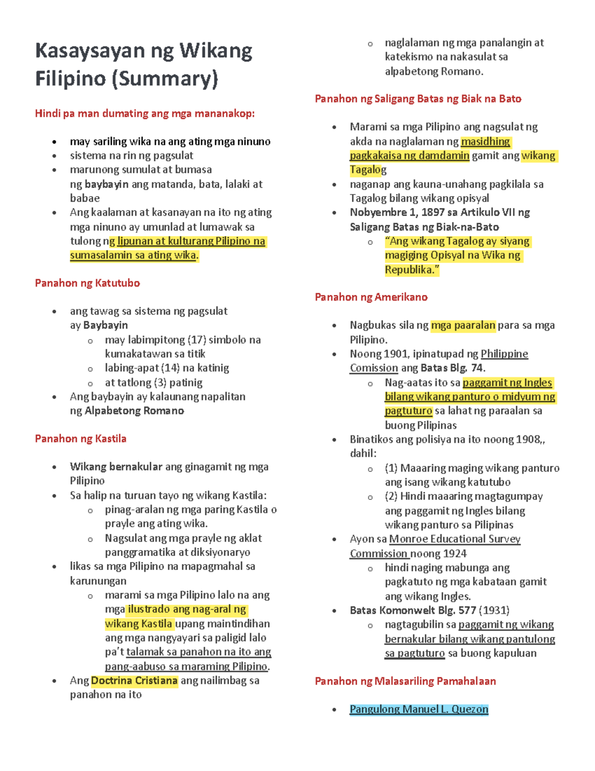 Notes-for-WF sem1 - Notes-for-WF sem1 - Kasaysayan ng Wikang Filipino ...