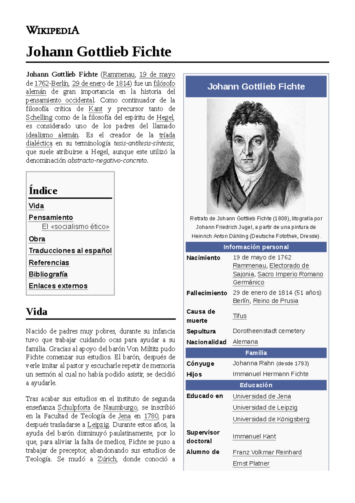 Johann Gottlieb Fichte - Información personal Nacimiento 19 de mayo de ...