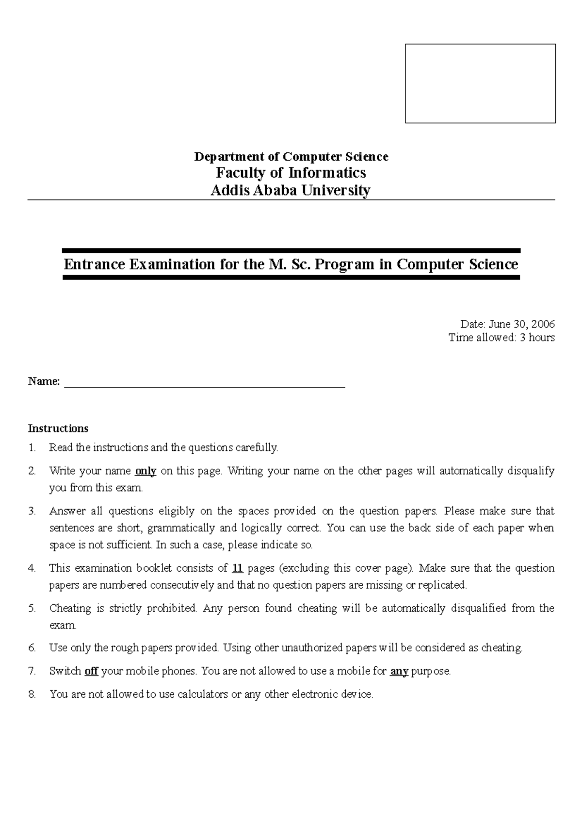 2006 A - msc entrance exam for computer science aau - Department of ...