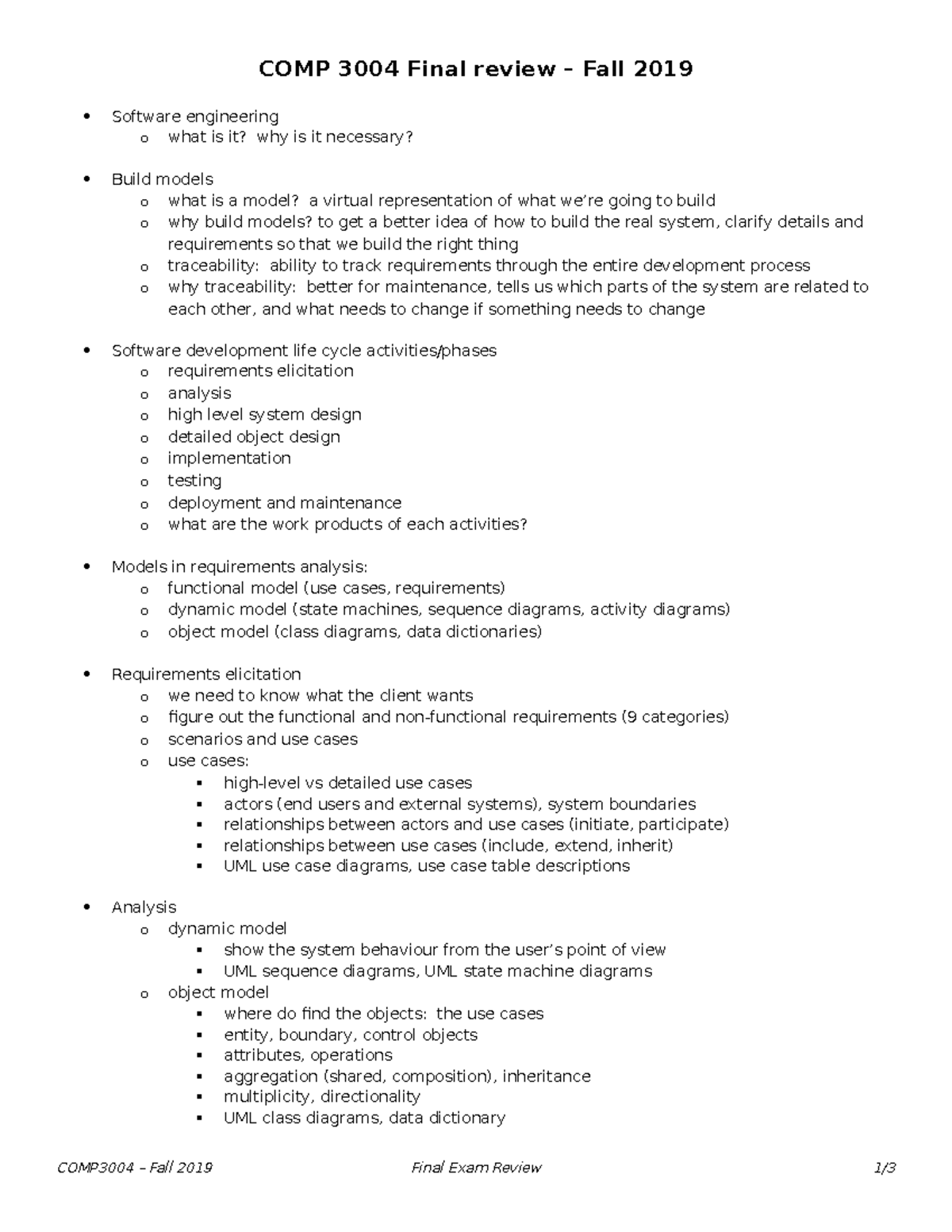 COMP3000 - Final Exam Review Material - COMP 3004 Final review – Fall 2019 Software engineering ...