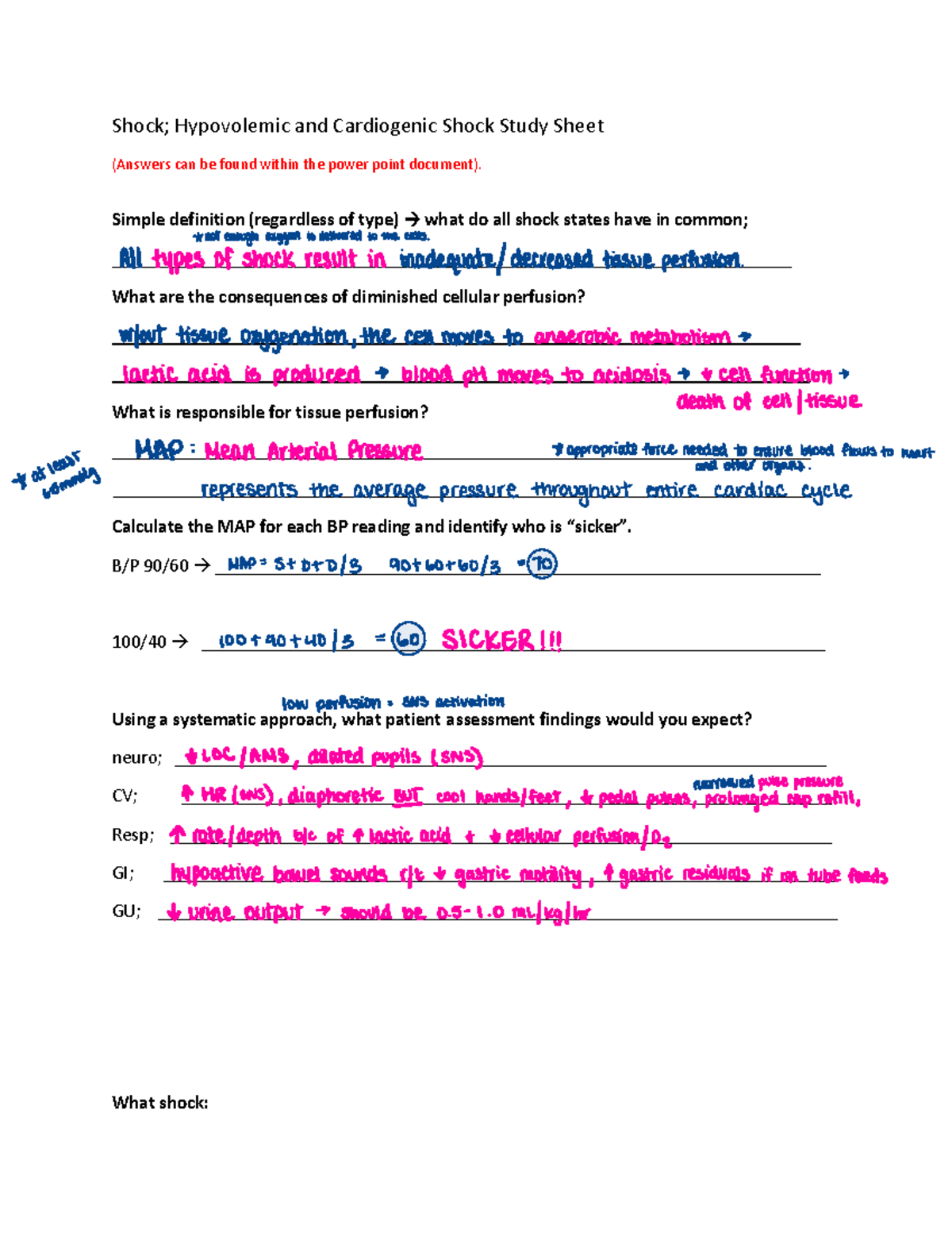 9. Shock Hypovolemic and Cardiogenic study sheet - Shock; Hypovolemic ...