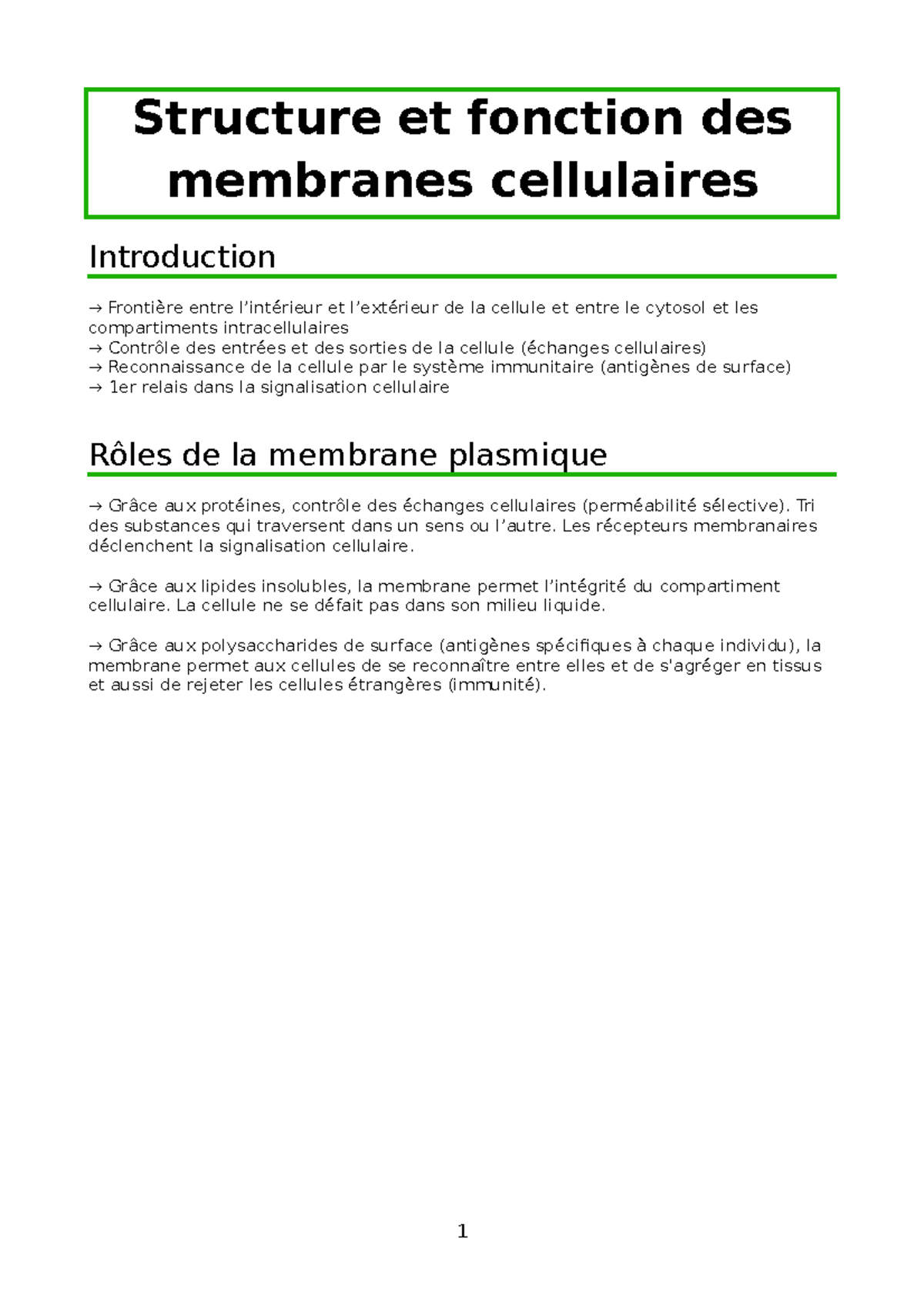 Structure et fonction des membranes cellulaires - Structure et fonction ...