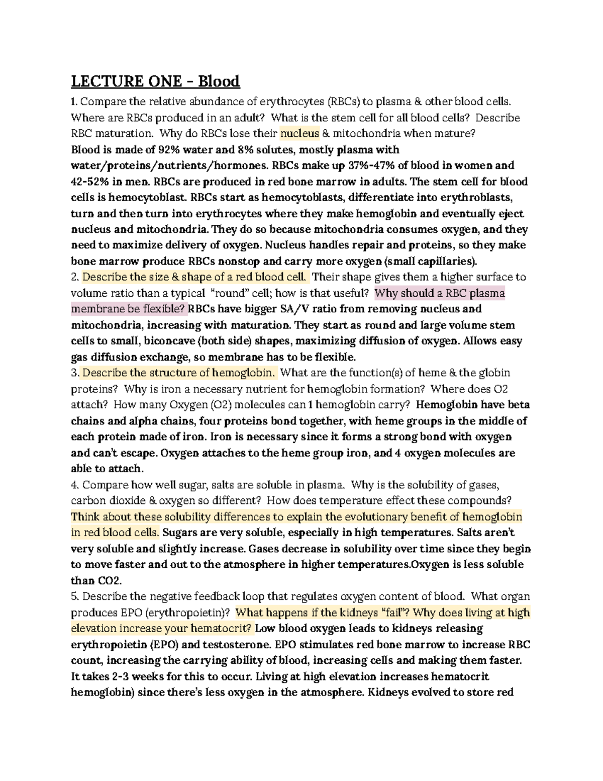 Blood Lecture: RBCs Hemoglobin Hematocrit and Oxygen Regulation - Studocu