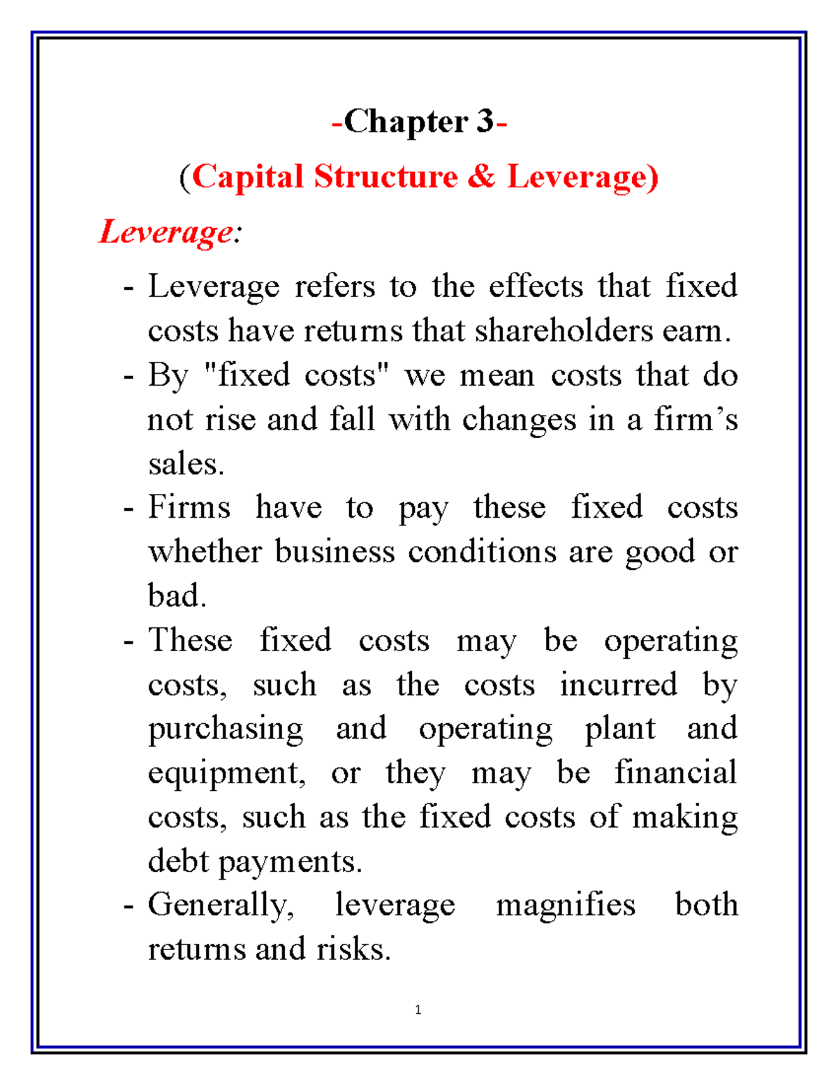 05 - Leverage - investment - Chapter 3- ( Capital Structure & Leverage) Leverage: Leverage - Studocu