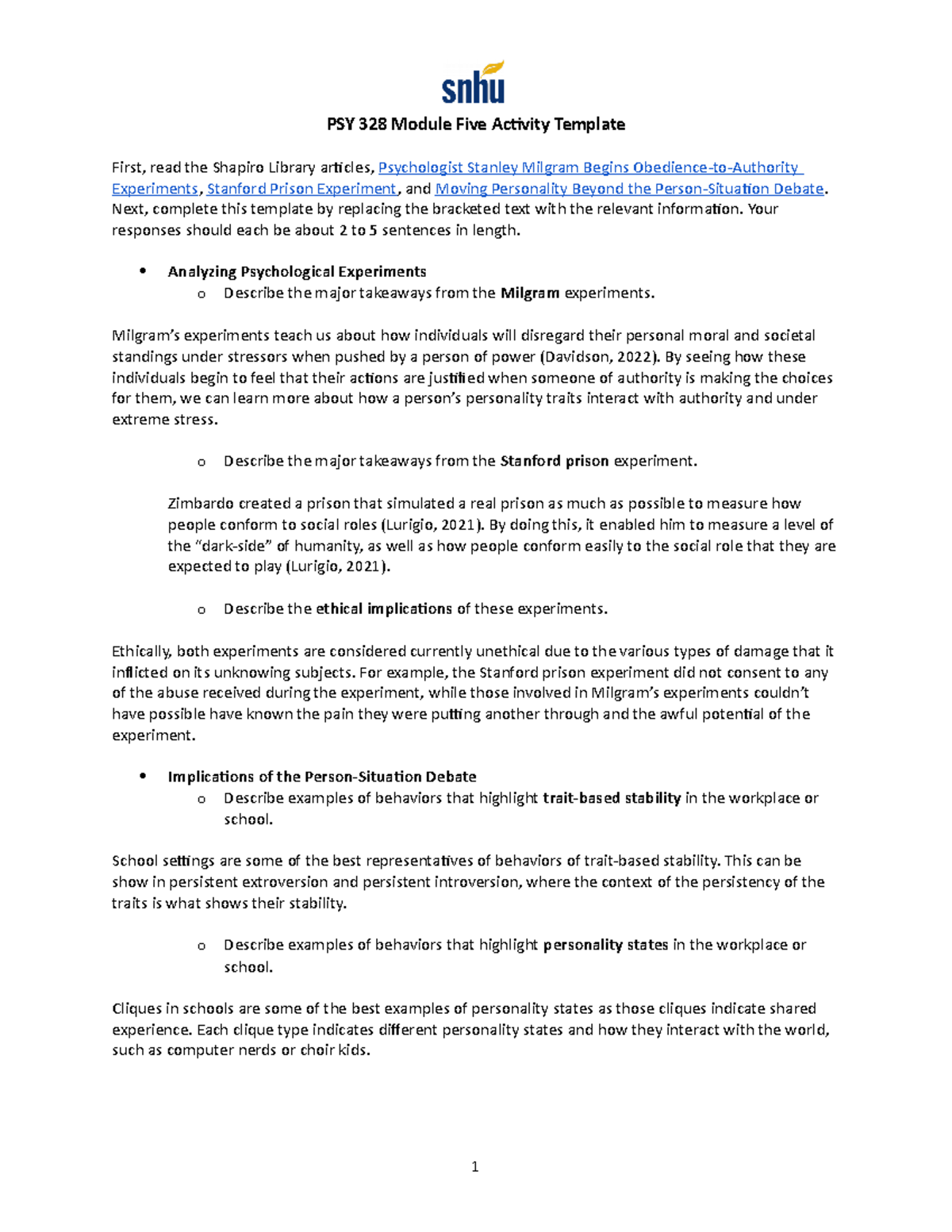 PSY 328 Module Five Activity - Next, complete this template by replacing the bracketed text with ...