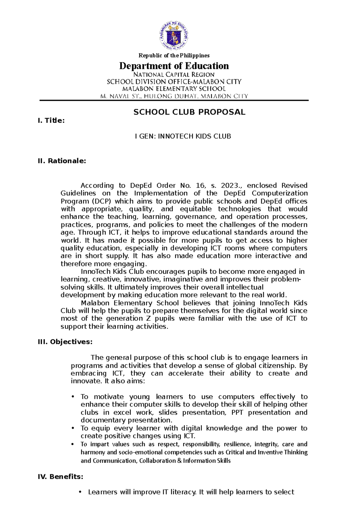 ICT CLUB Proposal - Republic of the Philippines Department of Education ...