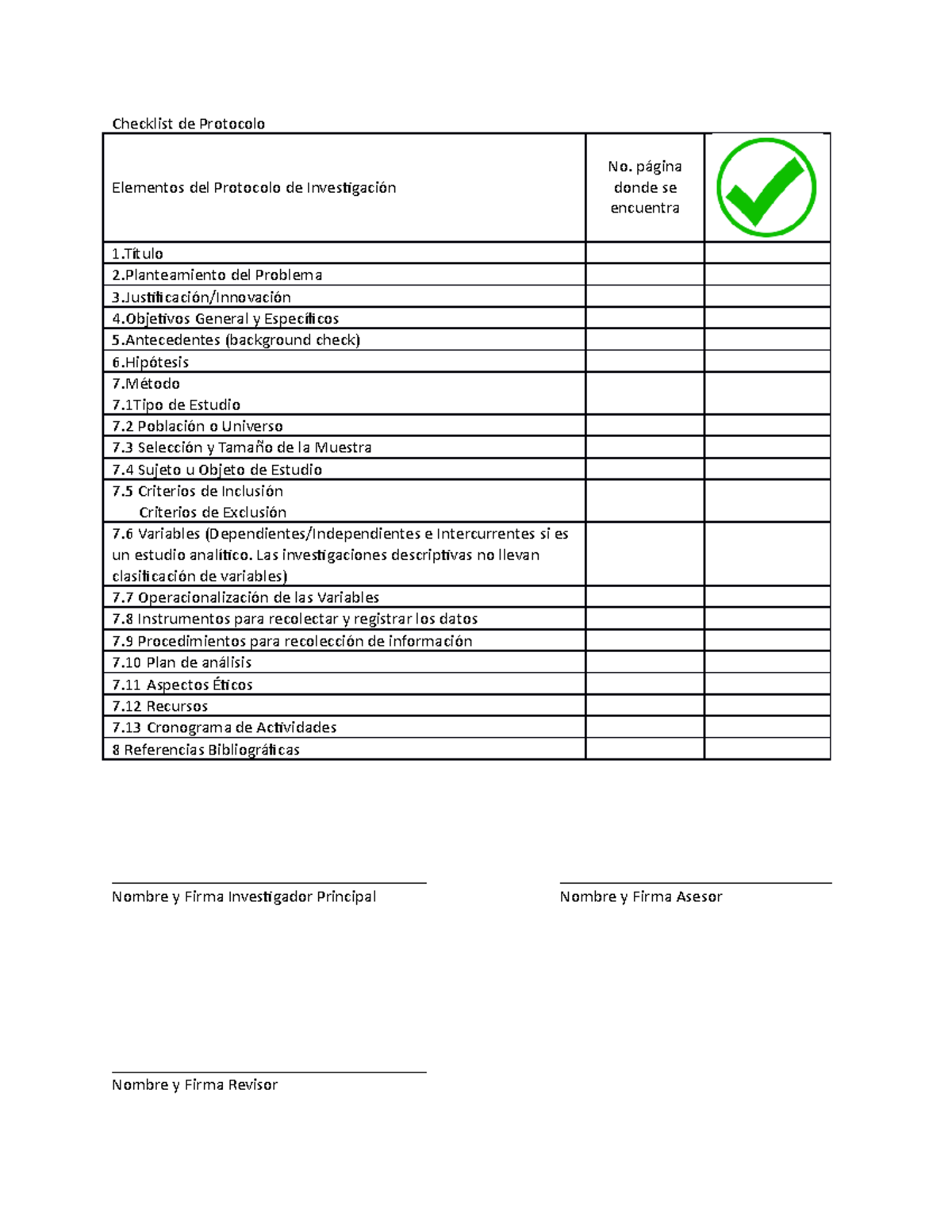 Checklist Protocolo en blanco - Checklist de Protocolo Elementos del ...