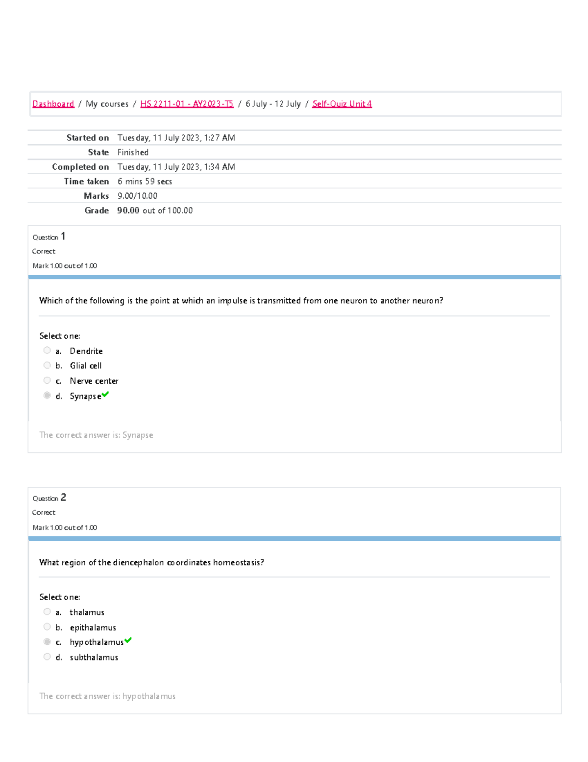 HS 2211 Self-Quiz Unit 4 Attempt review - Started on Tuesday, 11 July ...