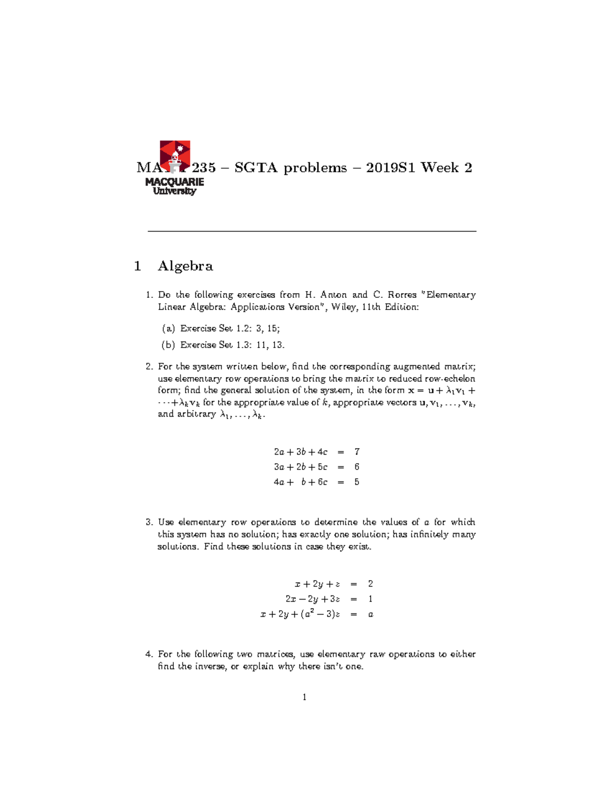 SGTA Week 2 Problems 2019 S1 - MATH 235 – SGTA problems – 2019S1 Week 2 1 Algebra 1. Do the ...