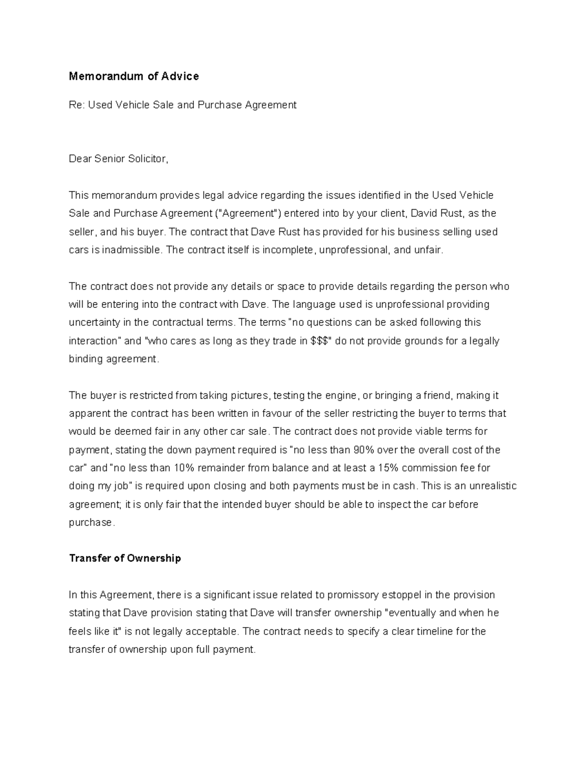 Contracts Assignment 2 - Memorandum of Advice Re: Used Vehicle Sale and ...