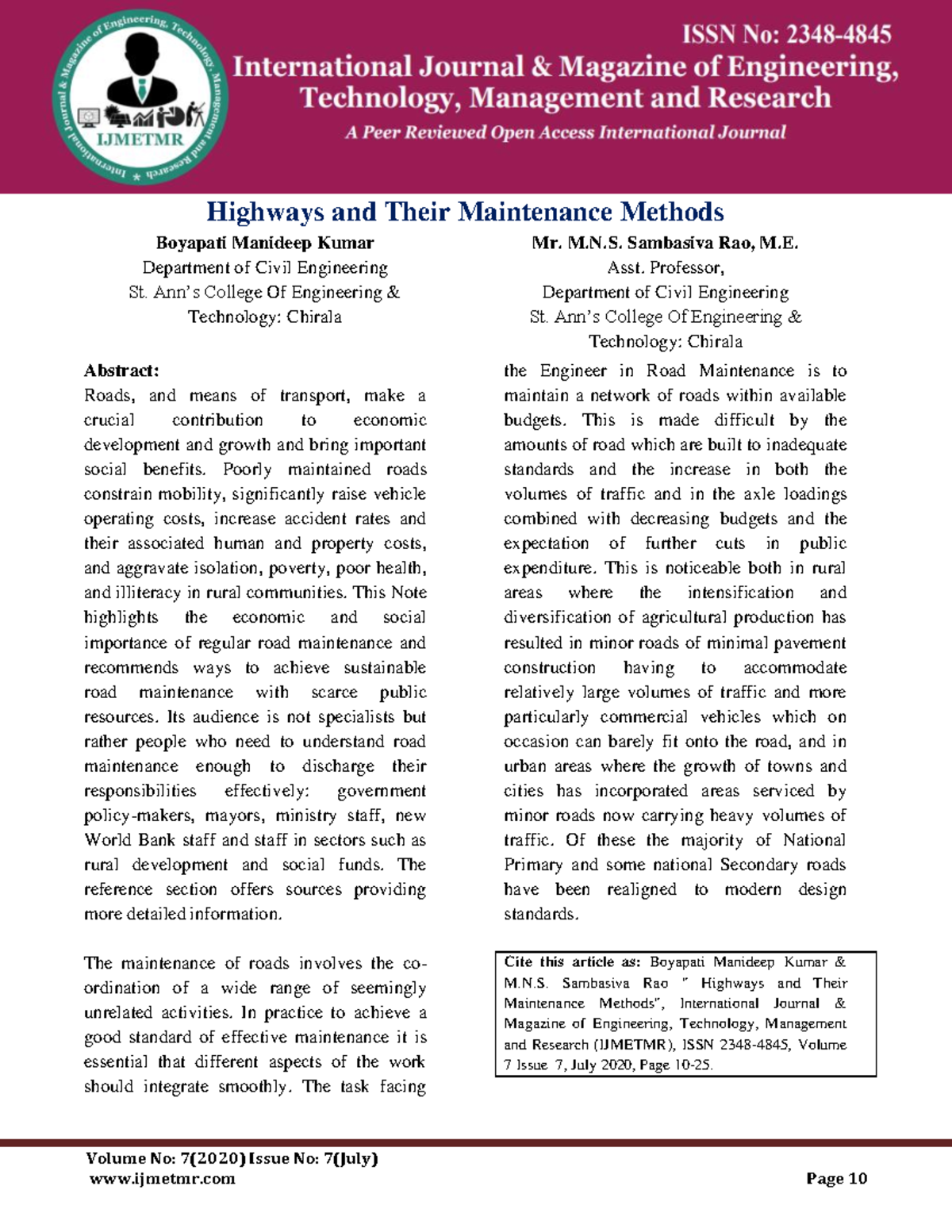 Manideep-2 - Volume No: 7(2020) Issue No: 7(July) Highways and Their ...