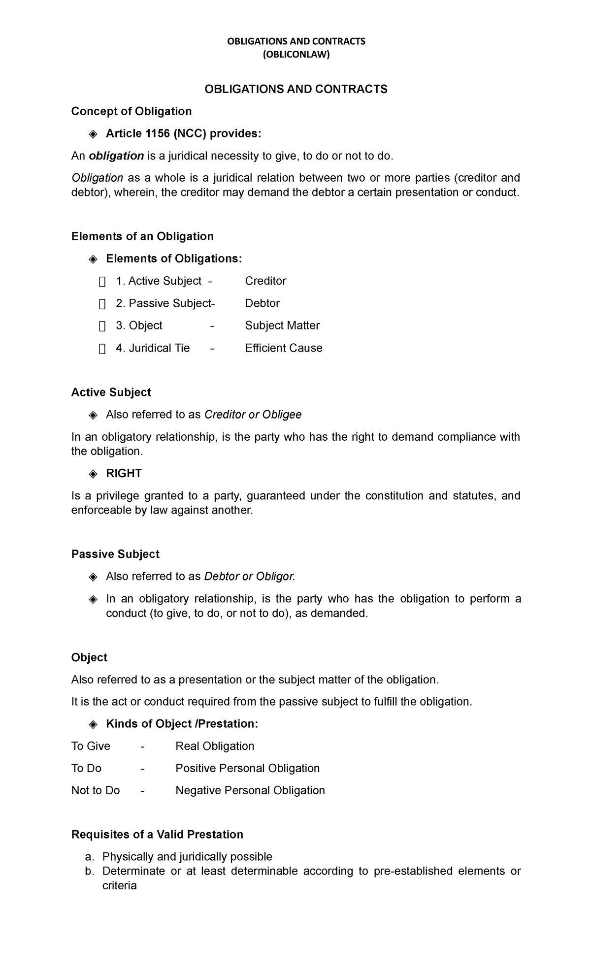 Obligations and Contracts Week 1 2 - (OBLICONLAW) OBLIGATIONS AND ...