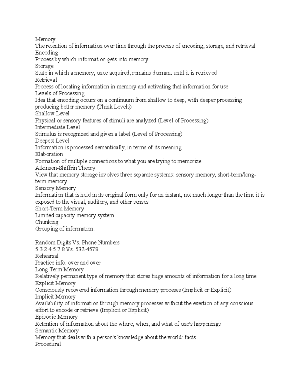 P 3 - notes - Memory The retention of information over time through the ...