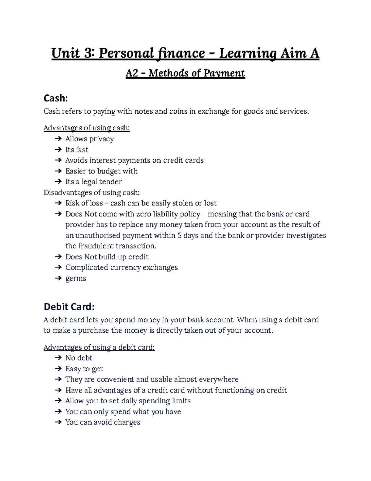 Unit 3 Personal finance - Learning Aim A - Advantages of using cash ...