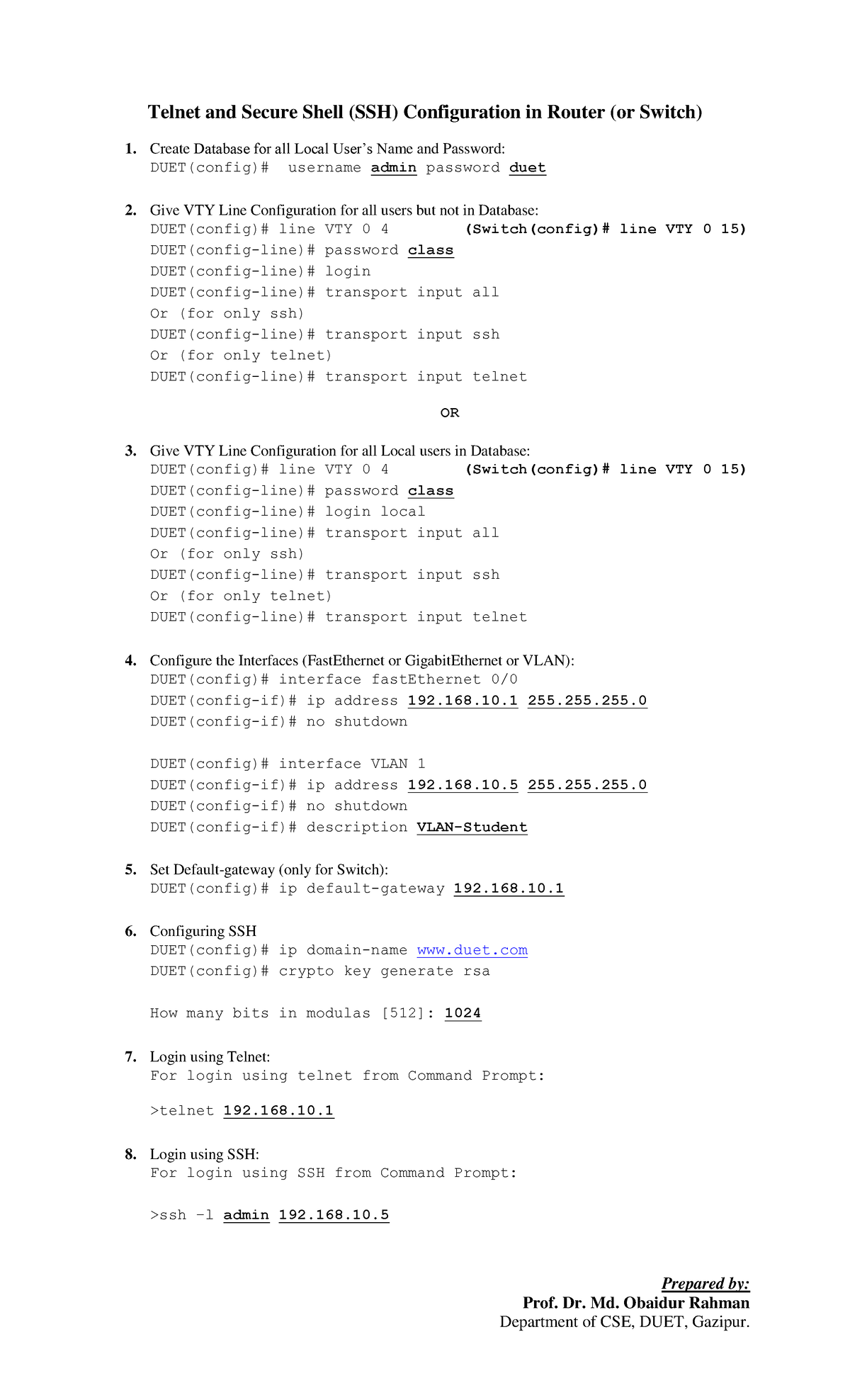 Lab-4 (Telnet and Secure Shell Configuration) - Prepared by: Prof. Dr. Md. Obaidur Rahman ...
