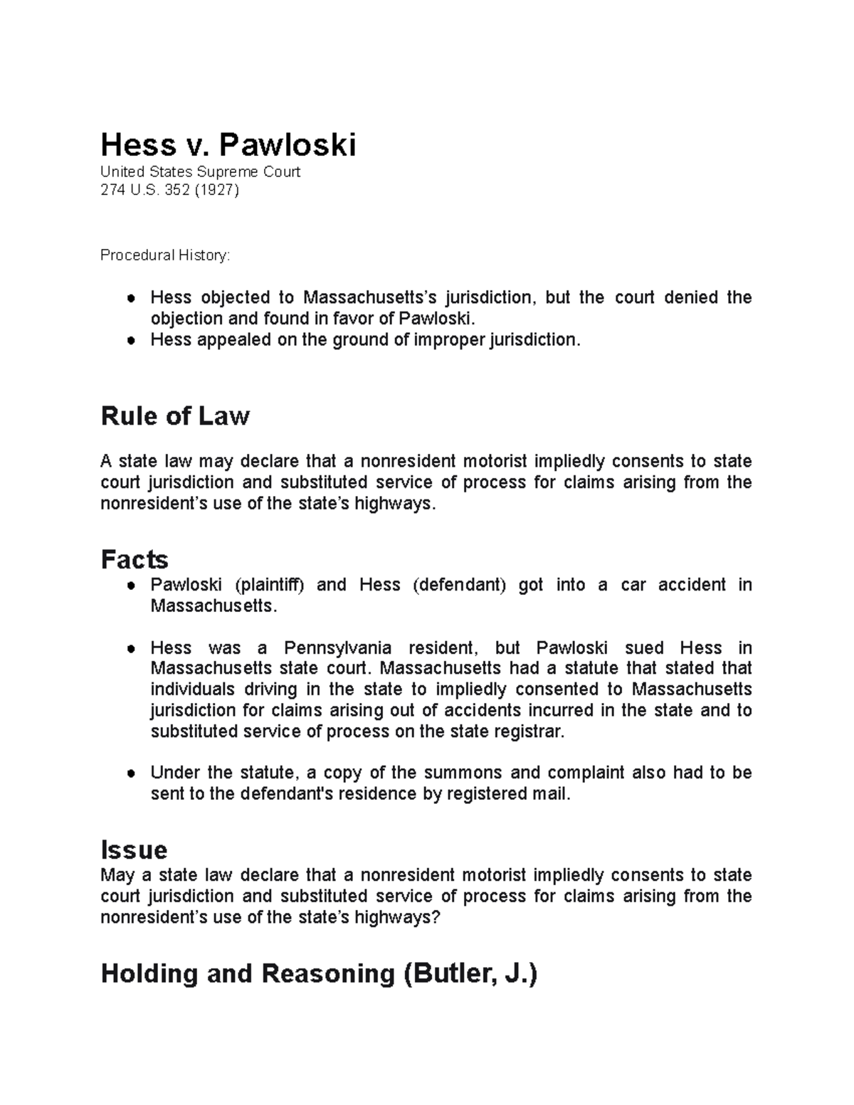 Hess v. Pawloski - Case Brief - Hess v. Pawloski United States Supreme ...