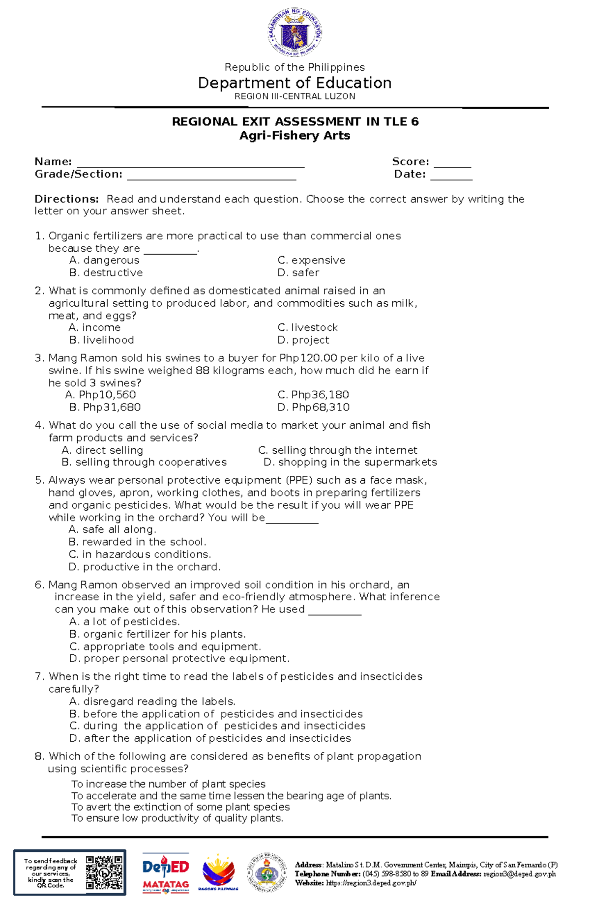 RAT AT TLE AFA Grade 6 - Regional Assessment Tests\ - Address: Matalino ...