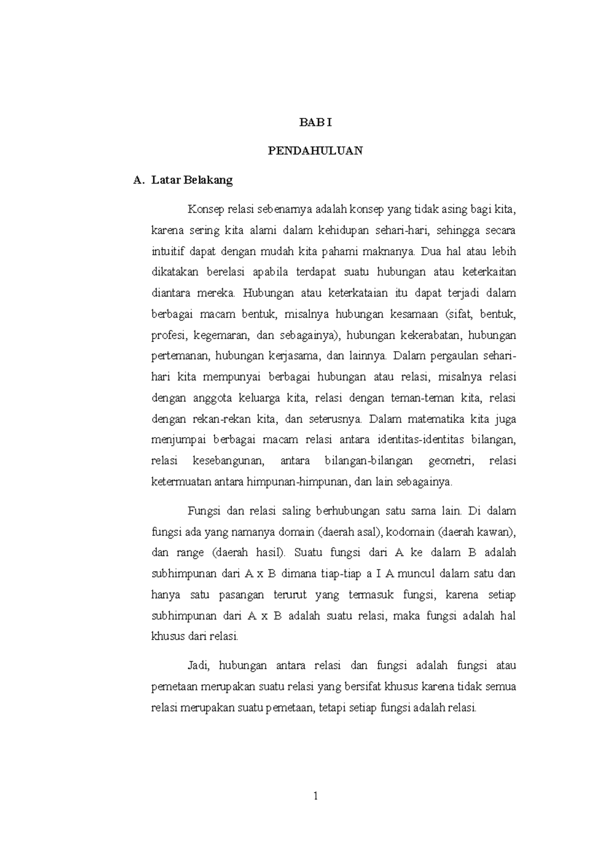 MTK 3 - Matematika - BAB I PENDAHULUAN A. Latar Belakang Konsep relasi ...