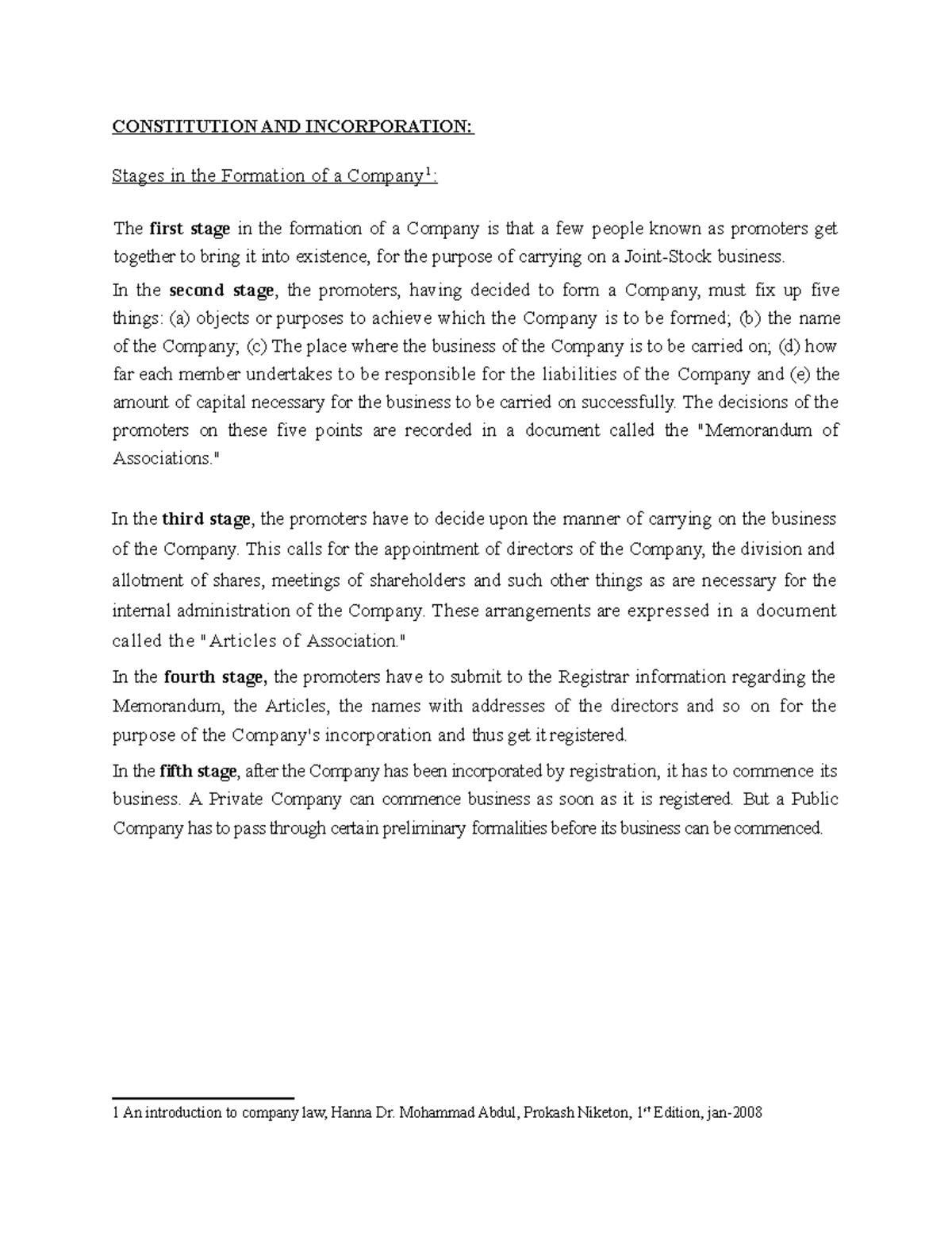 Company - lecture - CONSTITUTION AND INCORPORATION: Stages in the ...