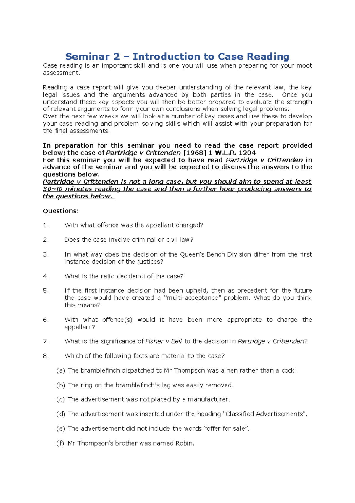 Seminar 2 - Introduction to Case Reading - Partirdge v Crittenden ...