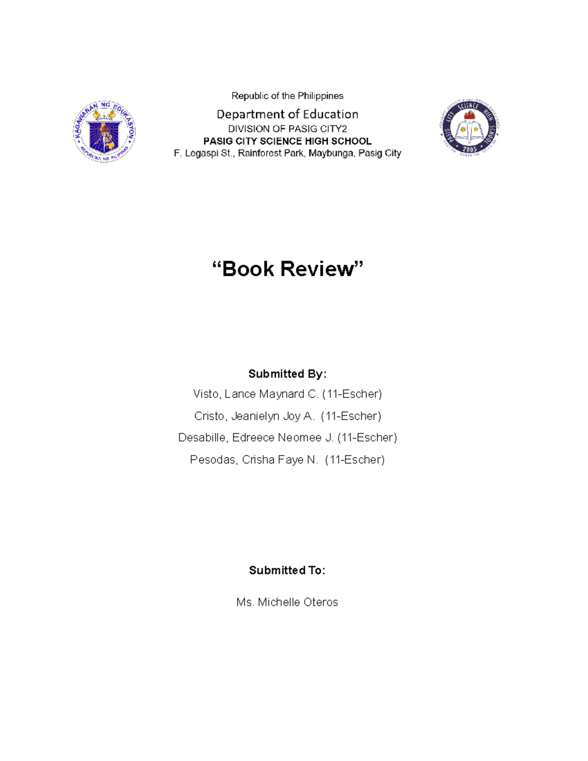 RWS Content - Book Review - “Book Review” Submitted By: Visto, Lance ...
