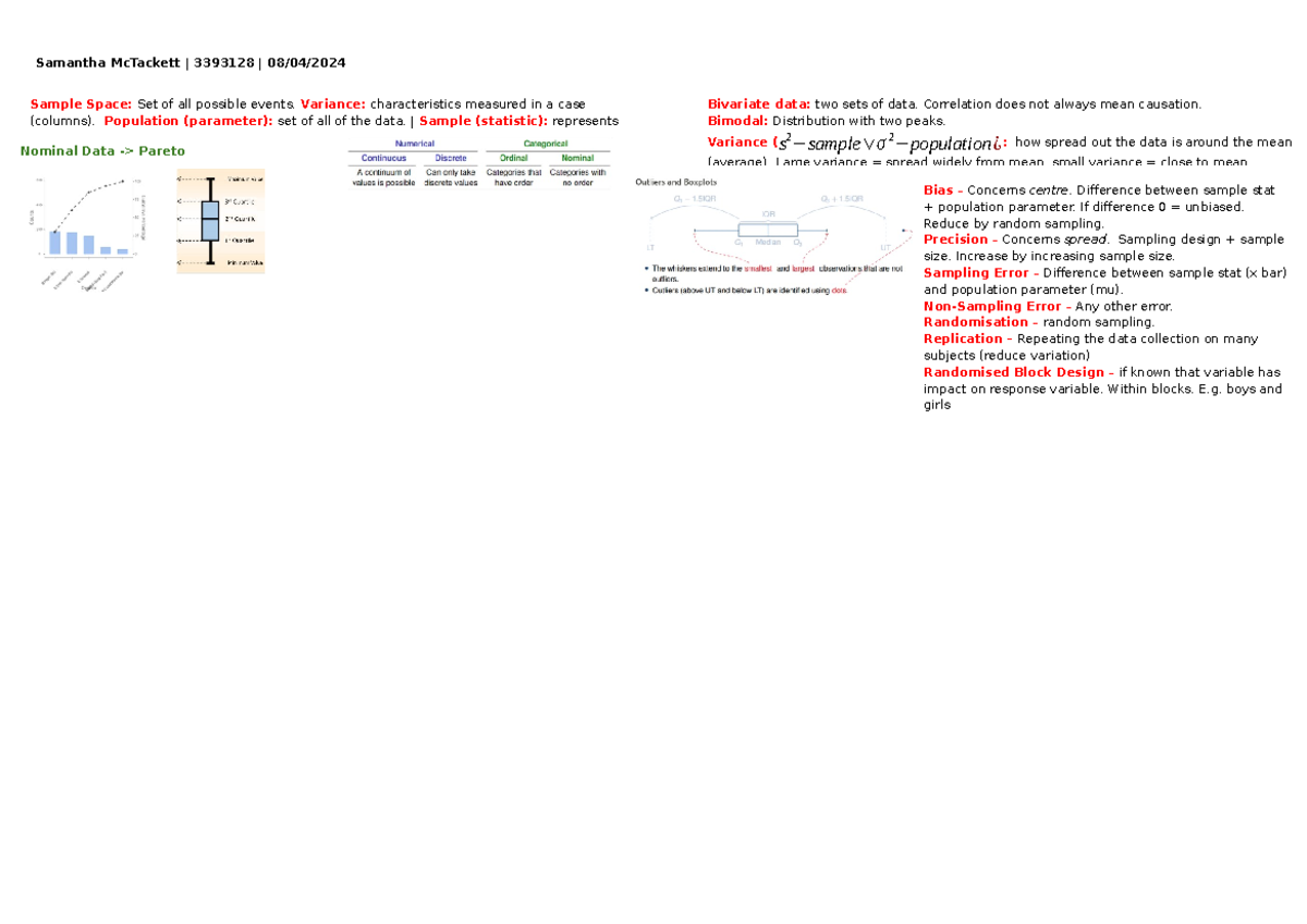 Stat1070 Cheat Sheet: Weeks 1 - 5 - Nominal Data -> Pareto Samantha McTackett | 3393128 | 08/04 ...