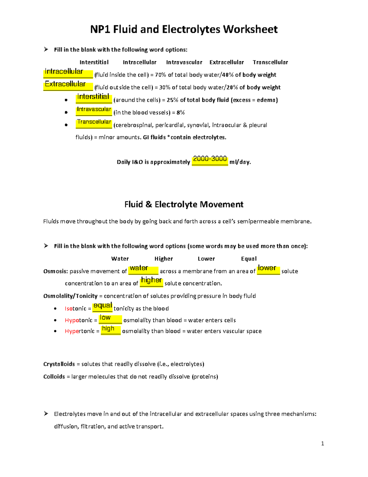 Fluid and Electrolyte Student Worksheet - NP1 Fluid and Electrolytes ...