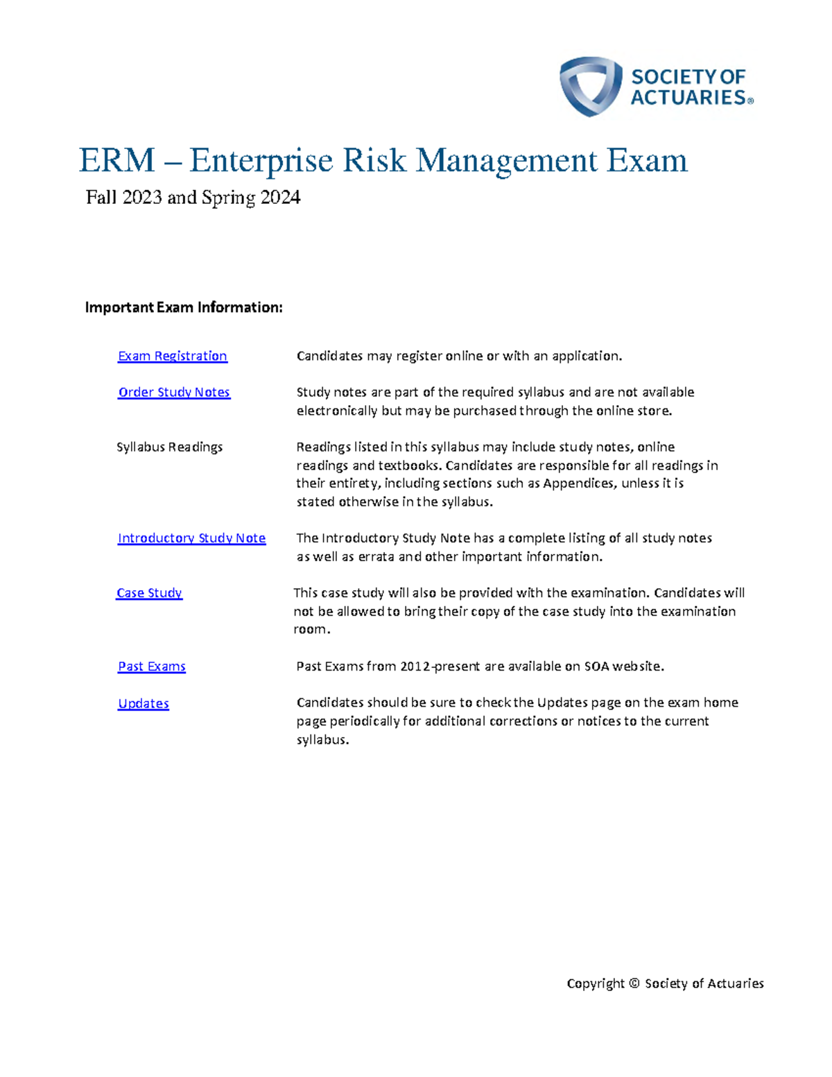 ERM Syllabus - SOA ERM - Copyright © Society of Actuaries Fall 2023 and ...