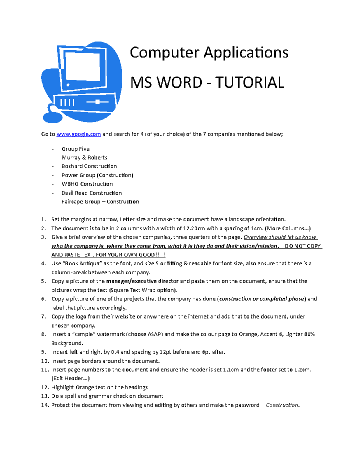CSA151S - Tutorial 1 - Computer Applications - Tut 1 ( 15% of year Mark ...
