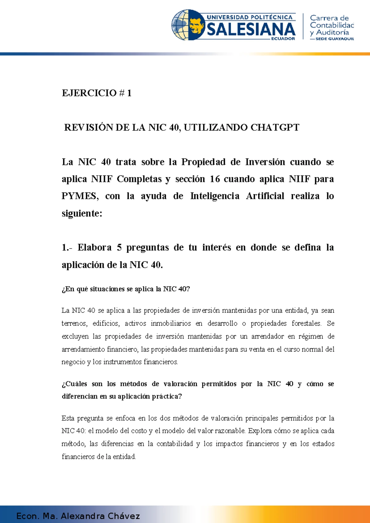 Ejercicio 1.- NIC 40 - Econ. Ma. Alexandra Chávez EJERCICIO # 1 ...