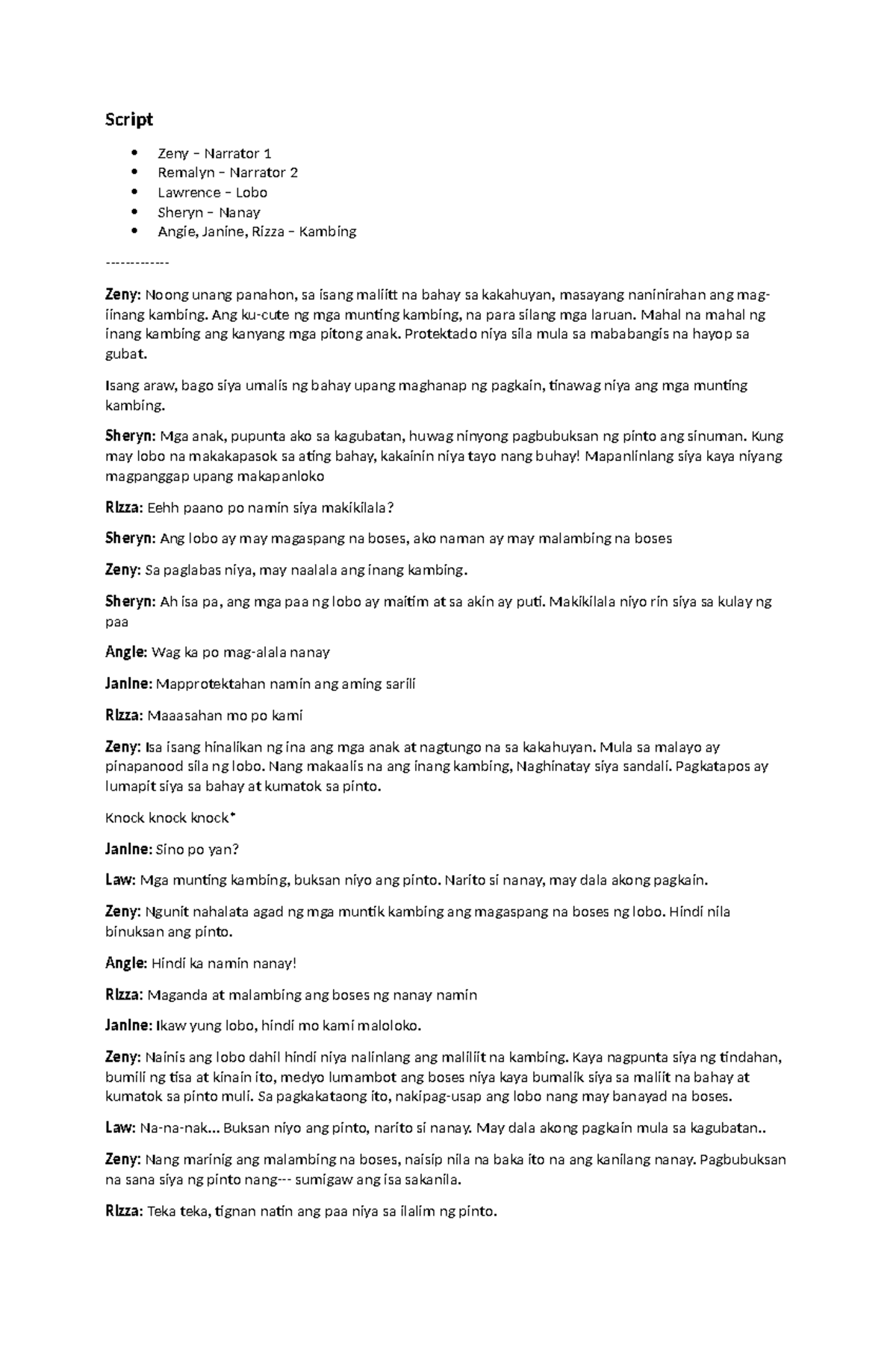 Ang lobo at ang mga kambing - Script Zeny – Narrator 1 Remalyn ...